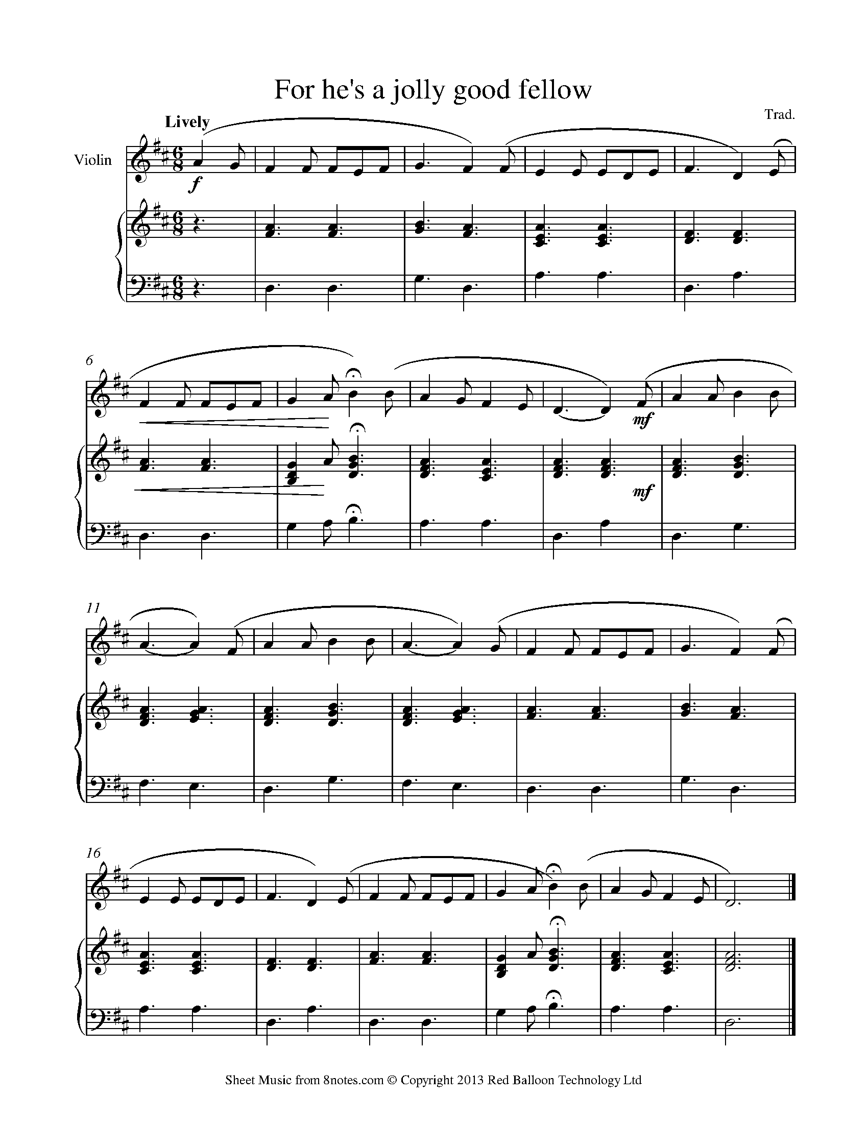 For he's a jolly good fellow Sheet music for Violin - 8notes.com