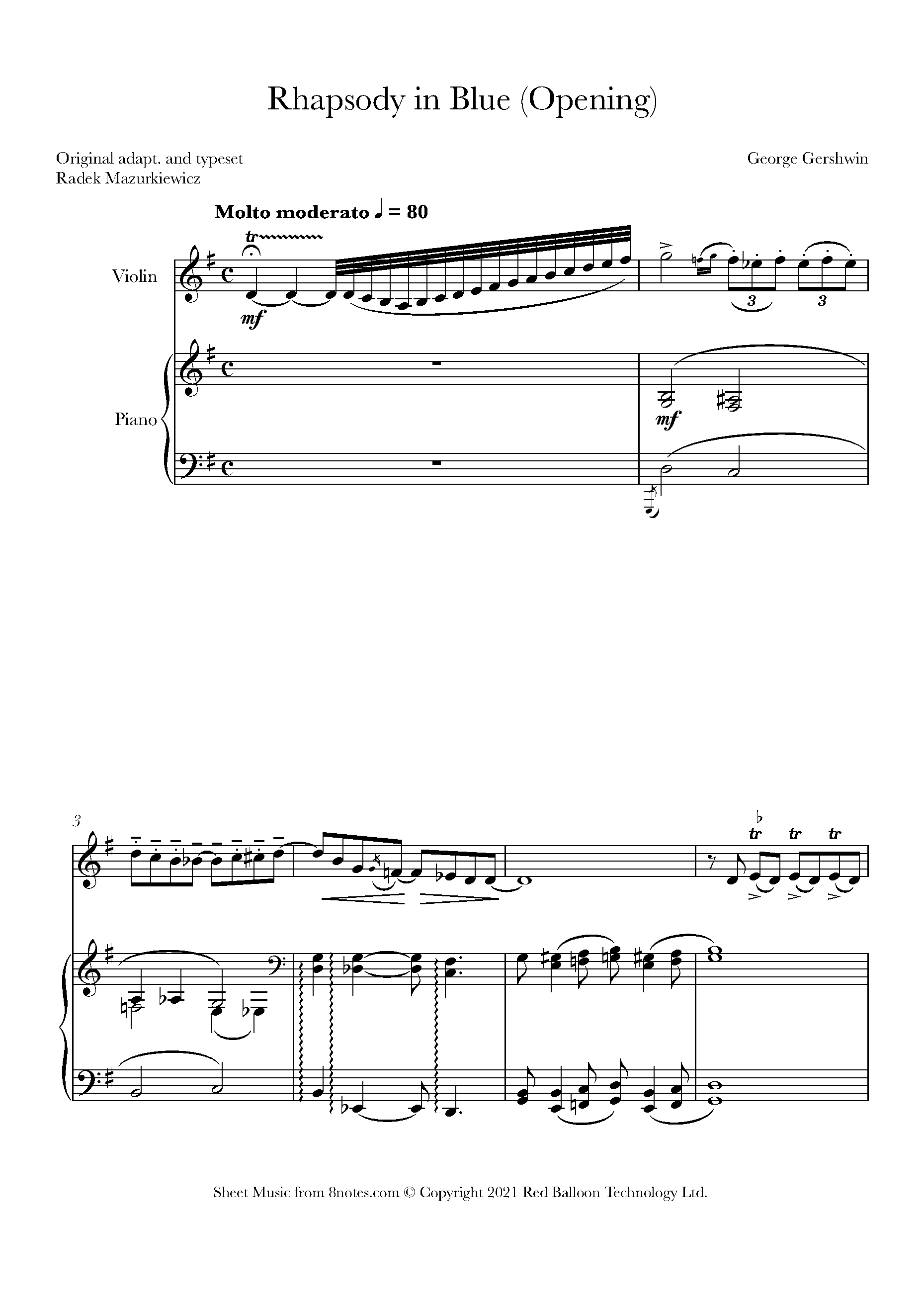 Gershwin - Rhapsody in Blue (Opening) Sheet music for Violin - 8notes.com
