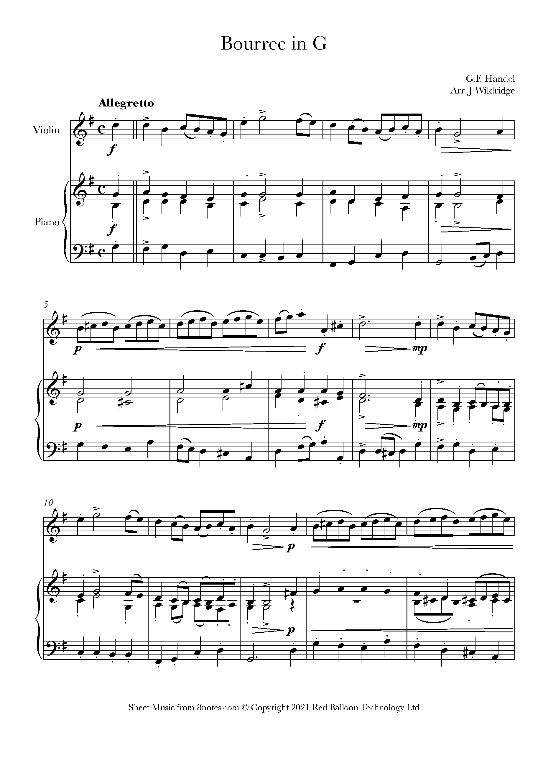 Handel - Bourree in G Sheet music for Violin - 8notes.com