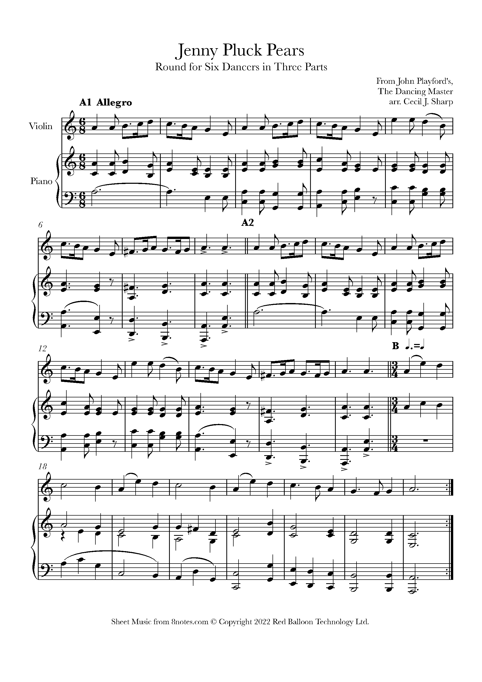 Jenny Pluck Pears, from John Playford's 'Dancing Master' Sheet music ...