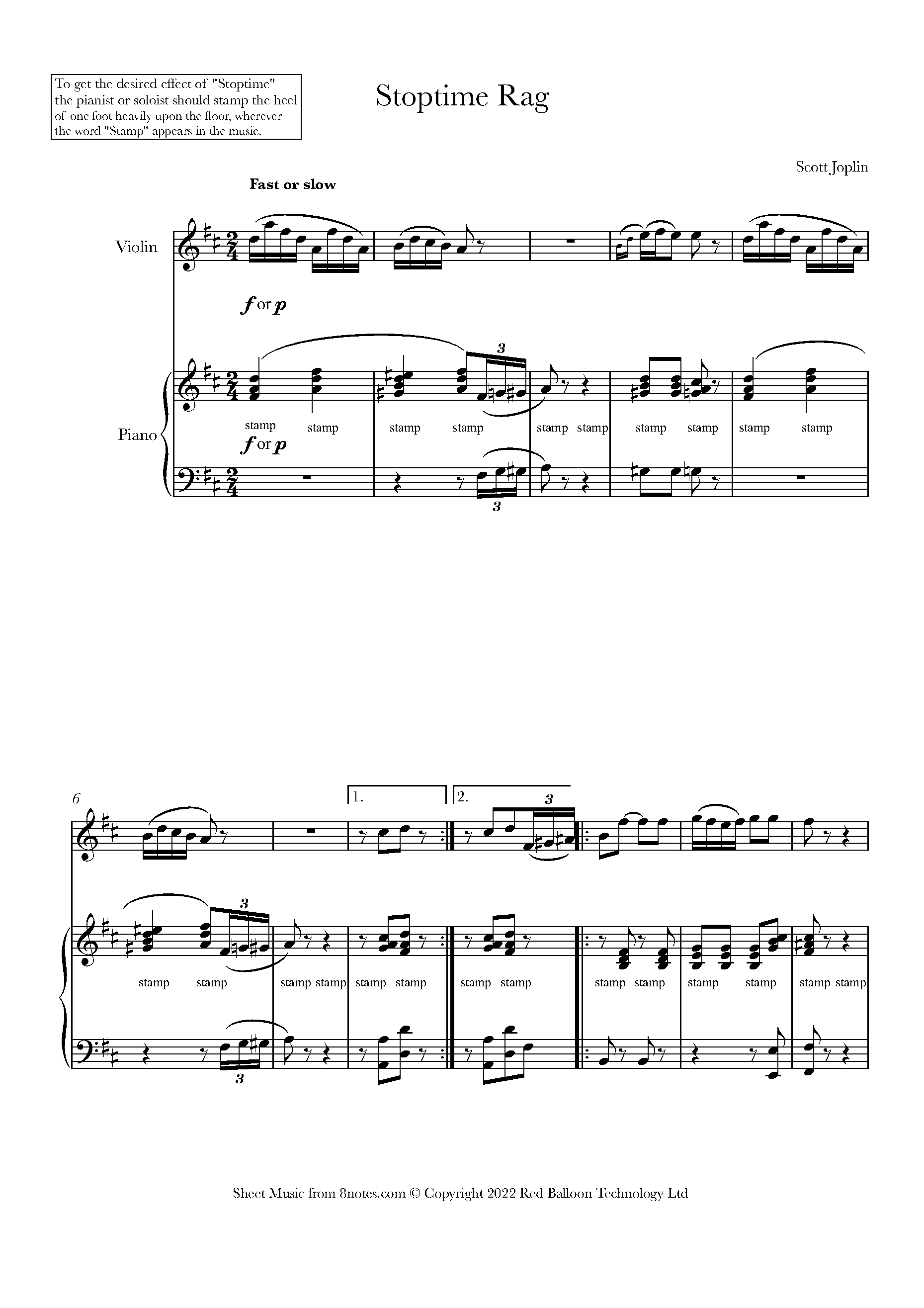 Scott Joplin - Stoptime Rag Sheet music for Violin - 8notes.com