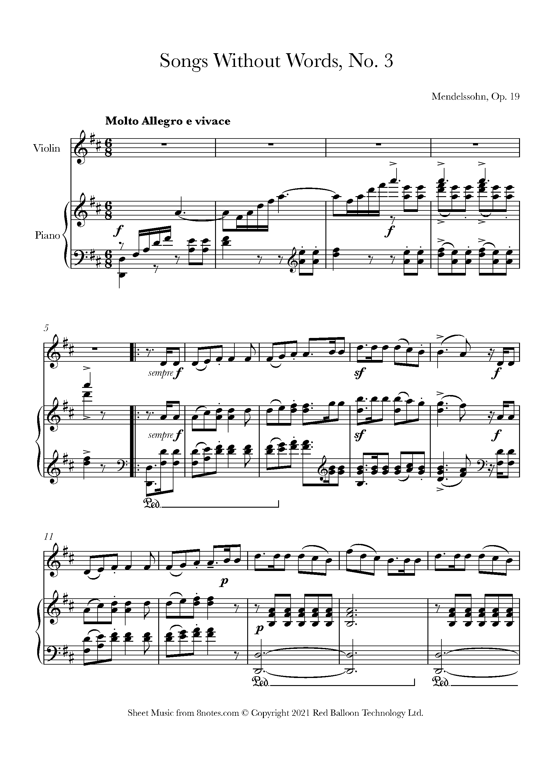 Mendelssohn - Songs Without Words, Op.19, No.3 Sheet music for Violin ...
