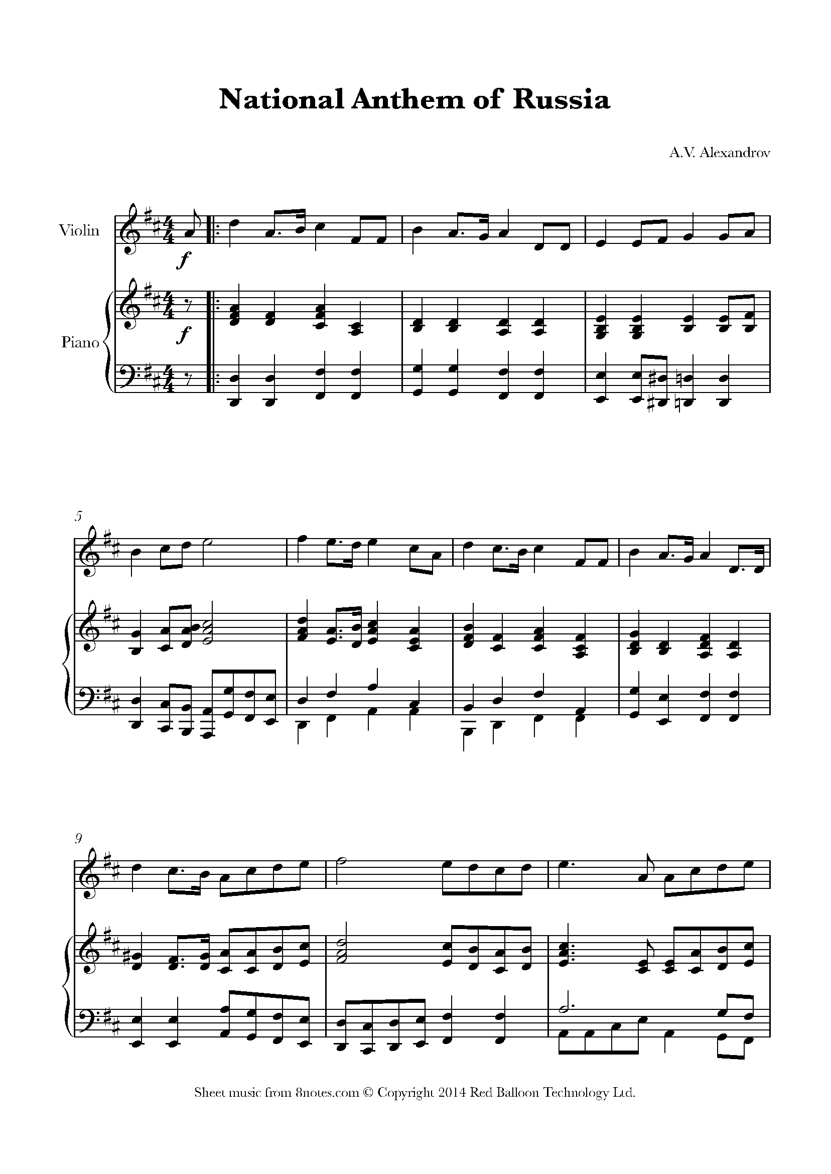 National Anthem of Russia (Alexandrov) Sheet music for Violin - 8notes.com