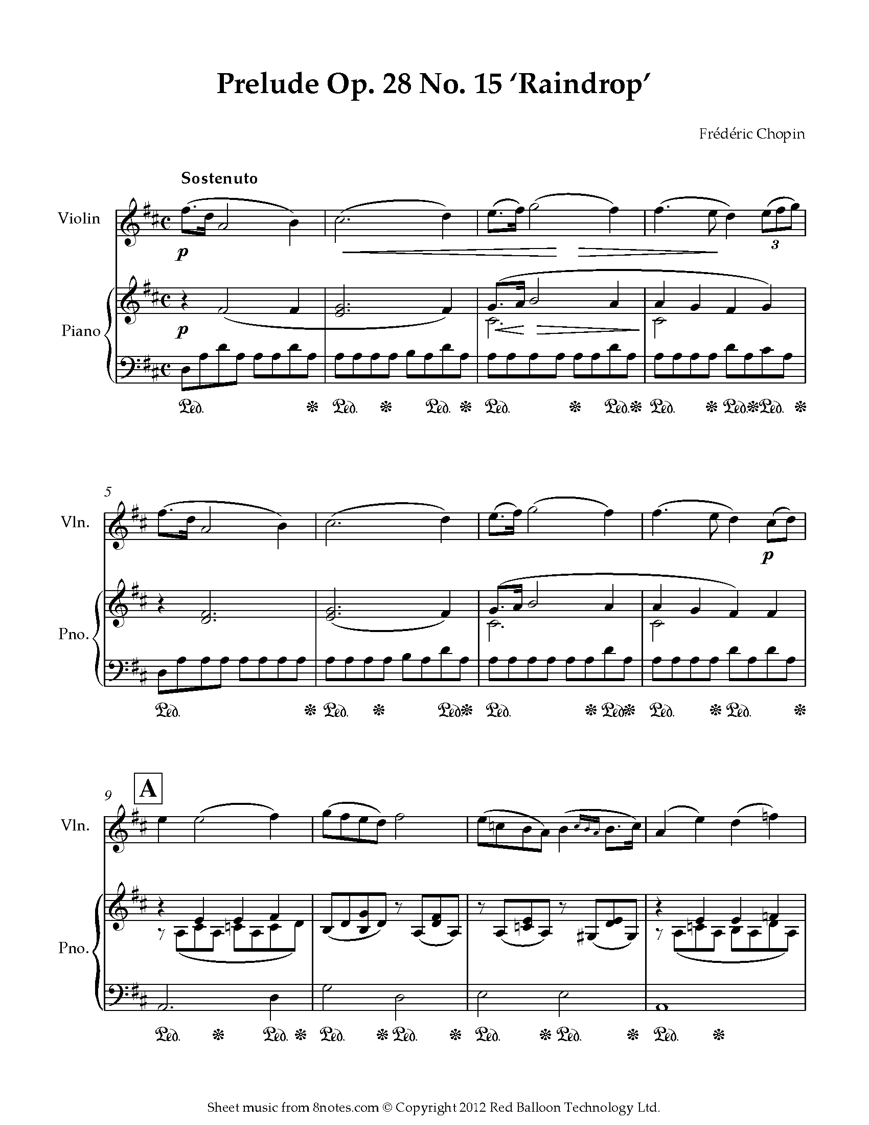Chopin - Prelude Op. 28 No. 15 Raindrop Sheet music for Violin ...