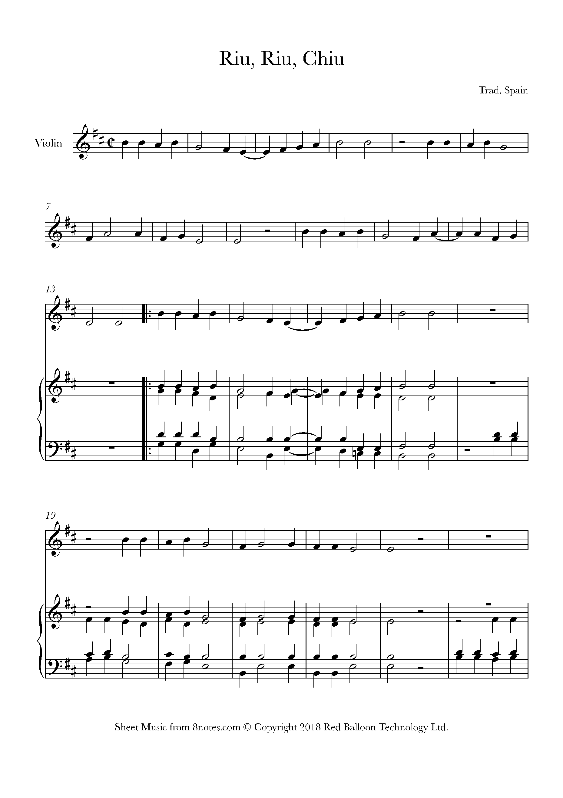 anon - Riu, Riu, Chiu Sheet music for Violin - 8notes.com
