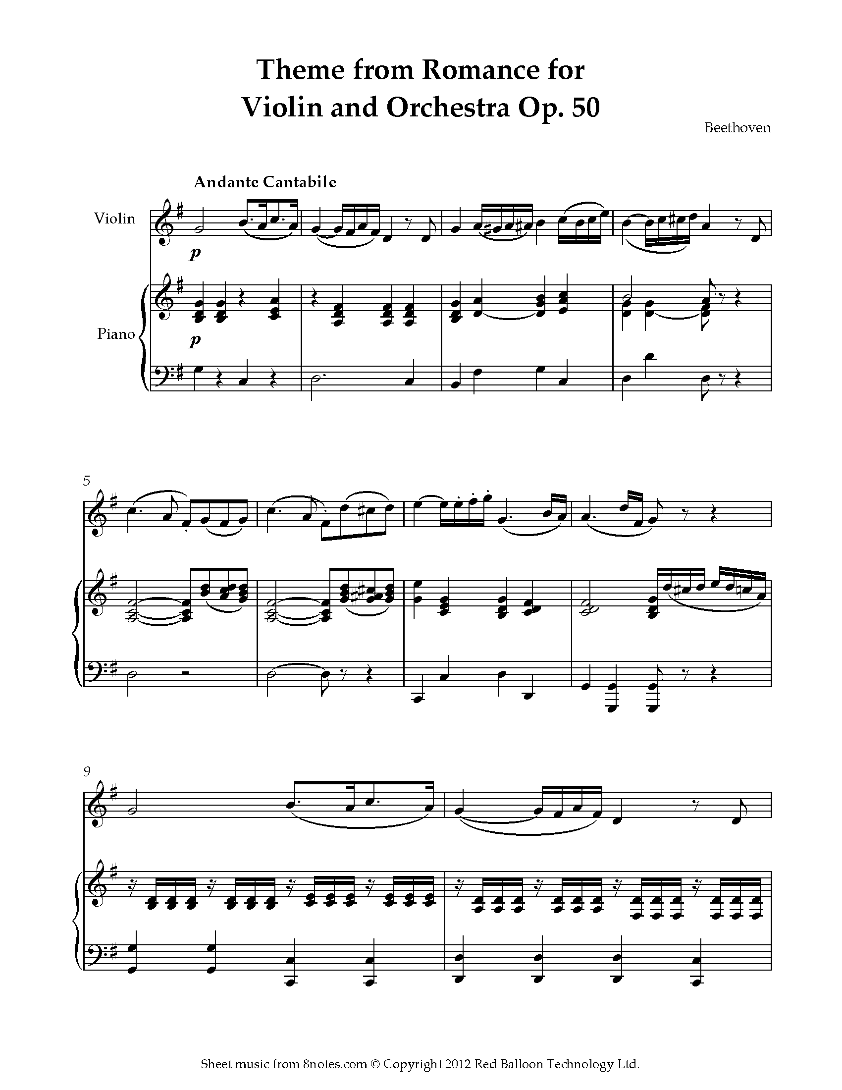 Beethoven - Theme from Romance for Violin and Orchestra Op. 50 Sheet ...