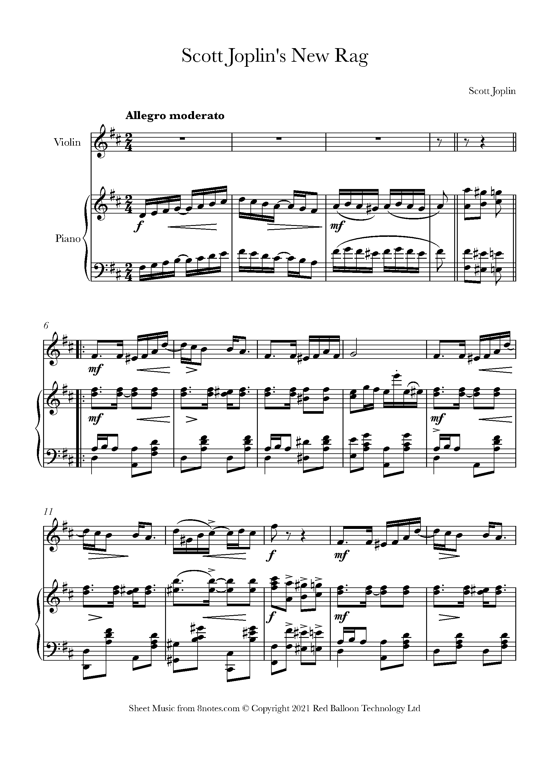 Scott Joplin - Scott Joplin's New Rag Sheet music for Violin - 8notes.com