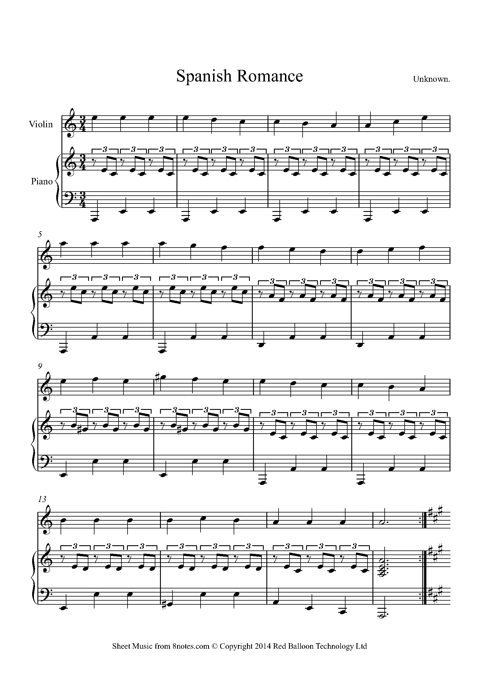 Unknown - Spanish Romance (Sor's Melody) Sheet music for Violin ...