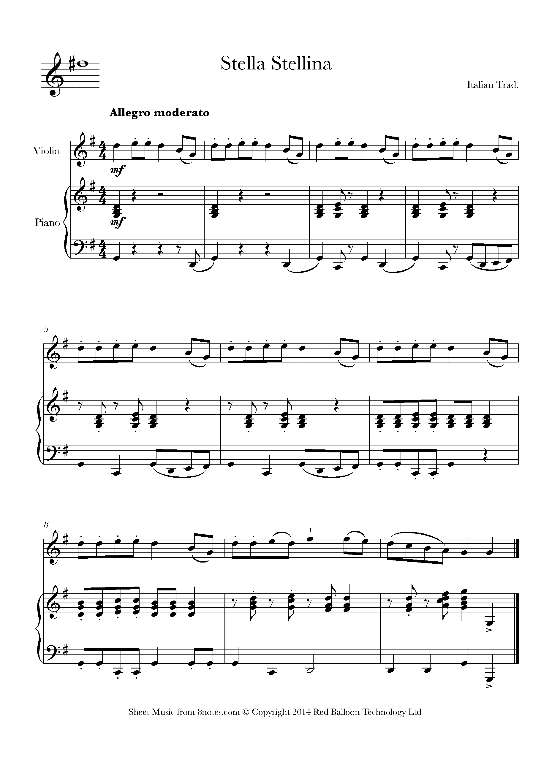 Stella Stellina (Italian Traditional) Sheet music for Violin - 8notes.com