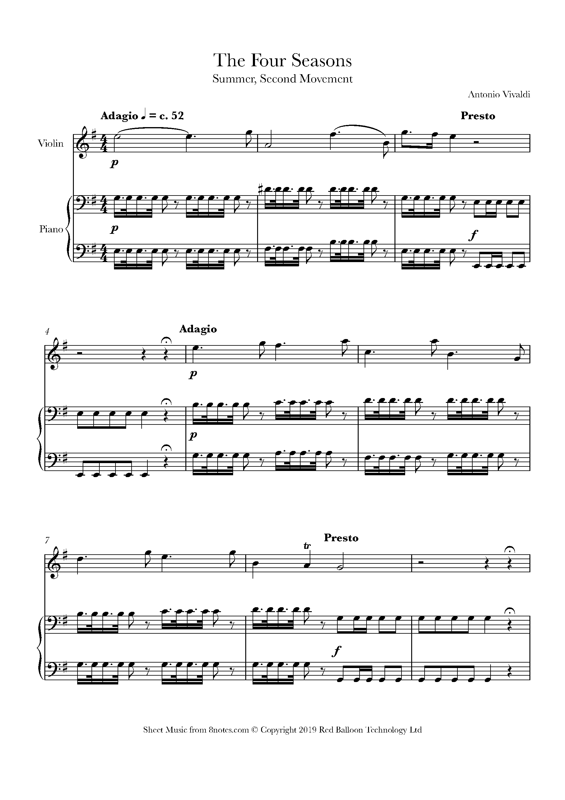 Vivaldi - The Four Seasons Summer, 2nd Movement Theme Sheet music for ...