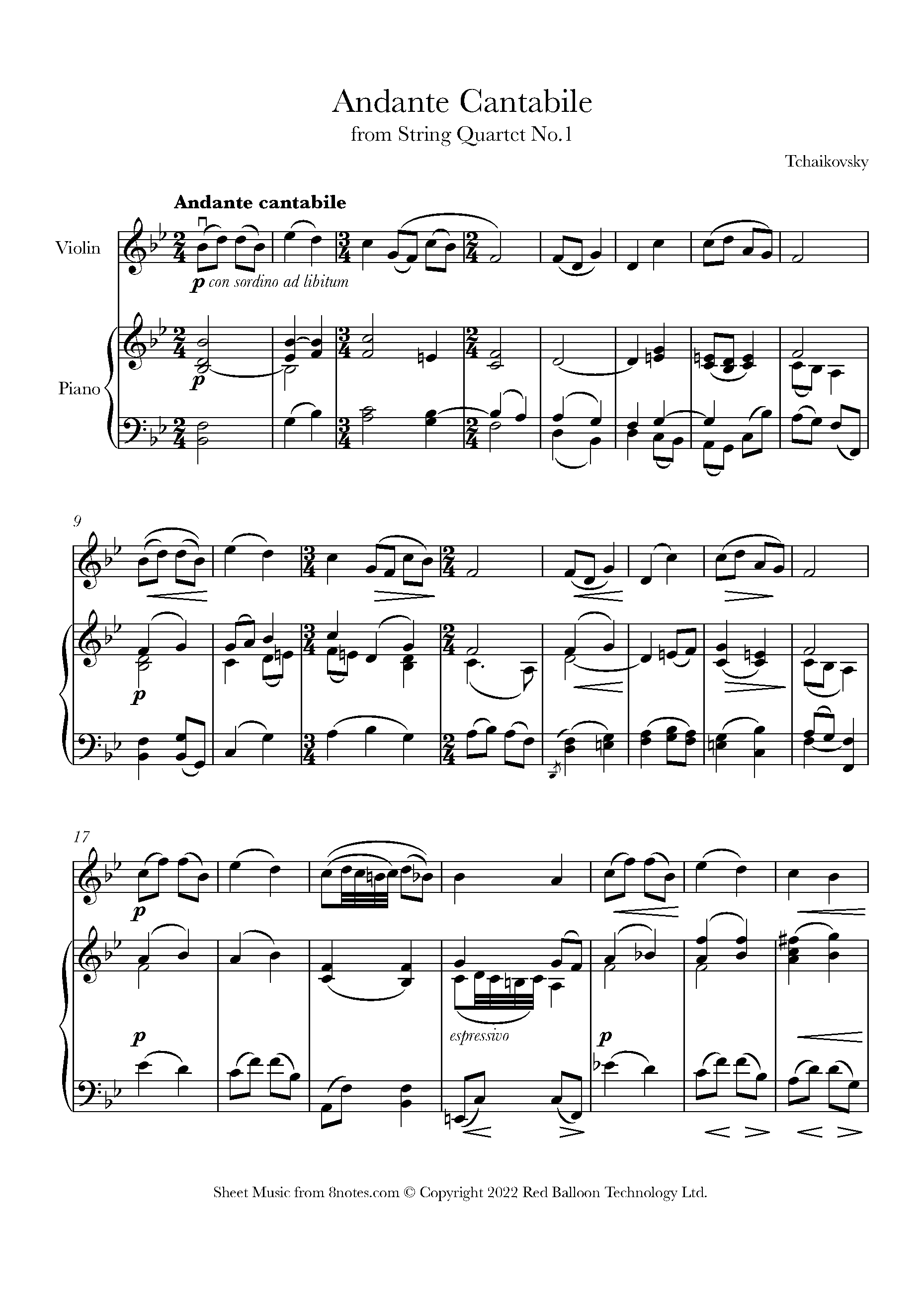 Tchaikovsky - Andante Cantabile from String Quartet No.1 Sheet music ...