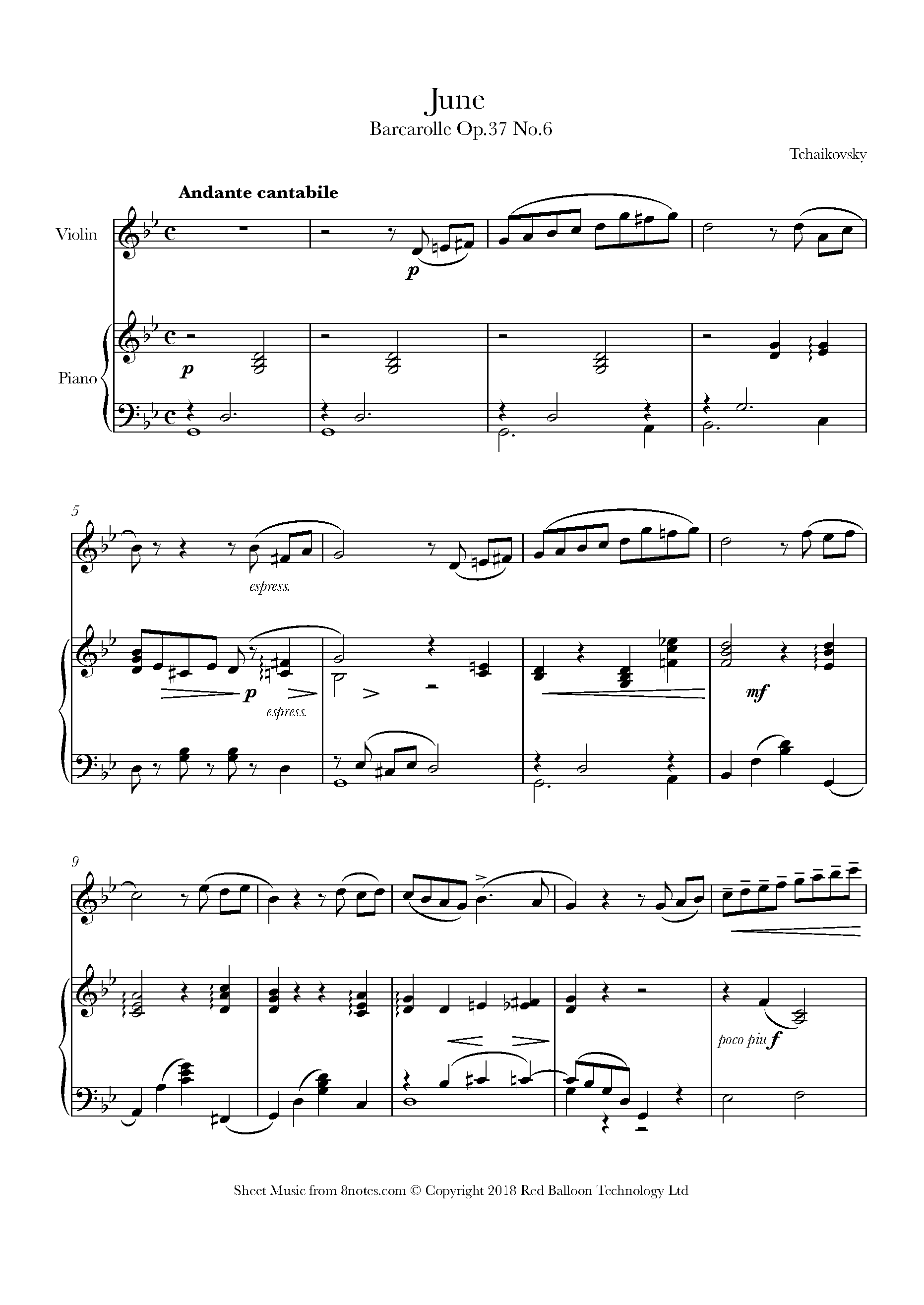 Tchaikovsky - June. Barcarolle Sheet music for Violin - 8notes.com
