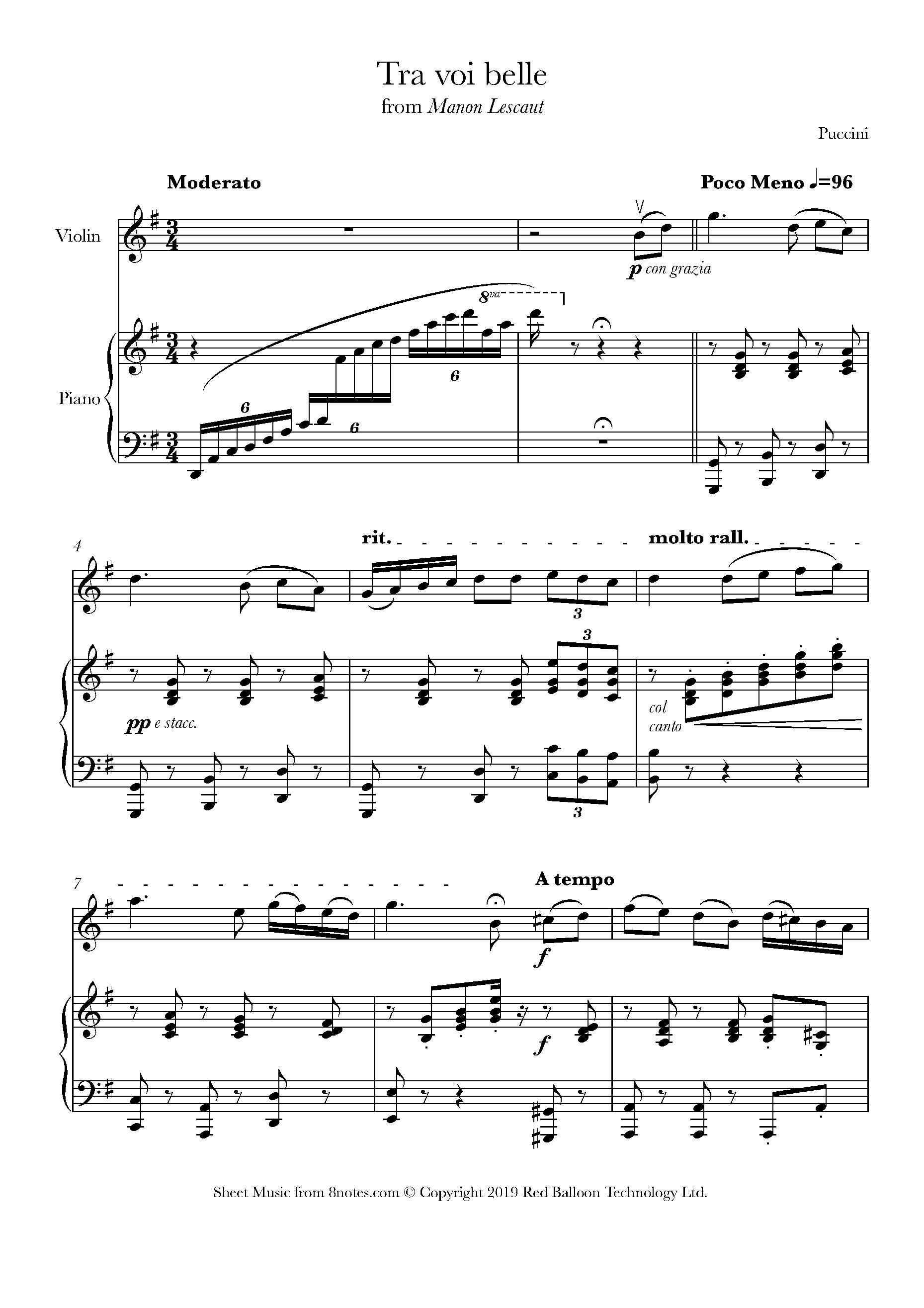 Puccini - Tra Voi Belle from Manon Lescaut Sheet music for Violin ...