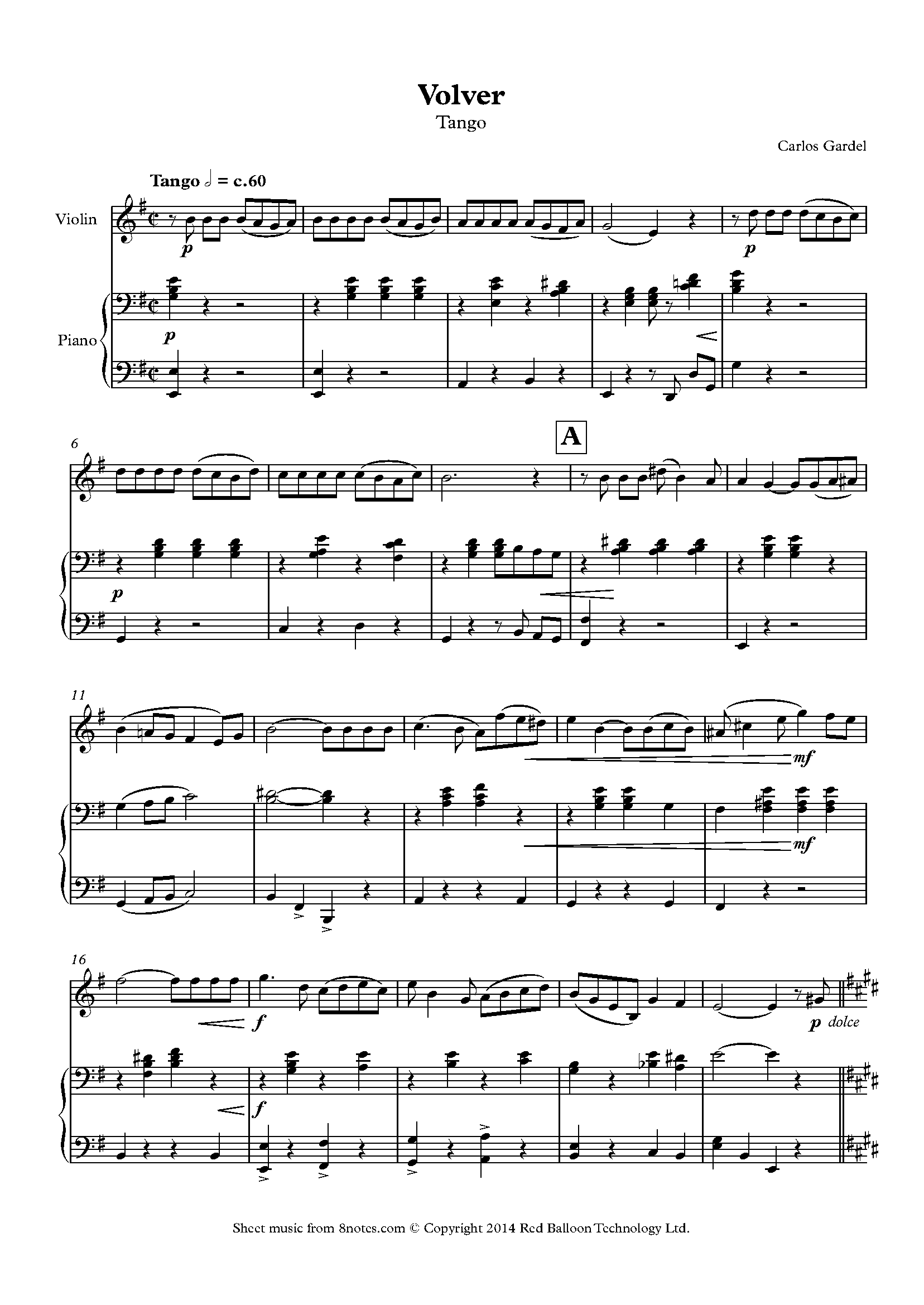 Carlos Gardel - Volver (Tango) Sheet music for Violin - 8notes.com