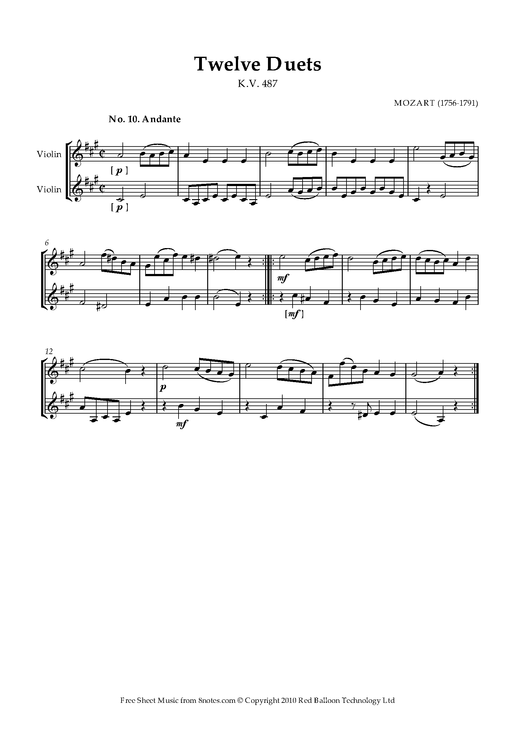 Mozart - Twelve Duets k.487 no.10 Sheet music for Violin Duet - 8notes.com