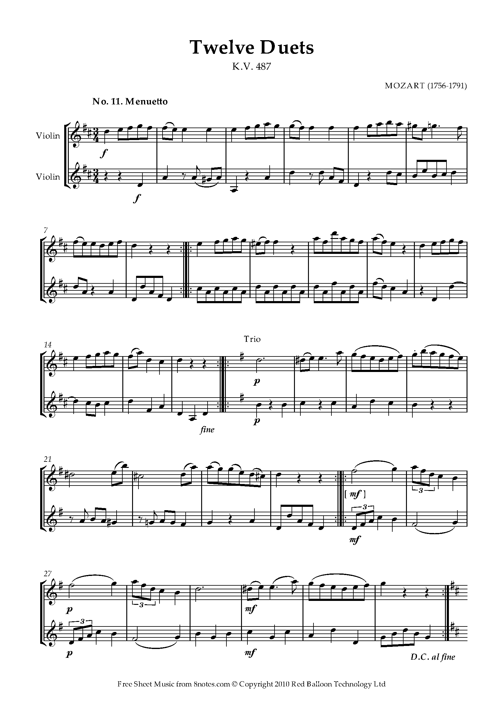 Mozart - Twelve Duets k.487 no.11 Sheet music for Violin Duet - 8notes.com