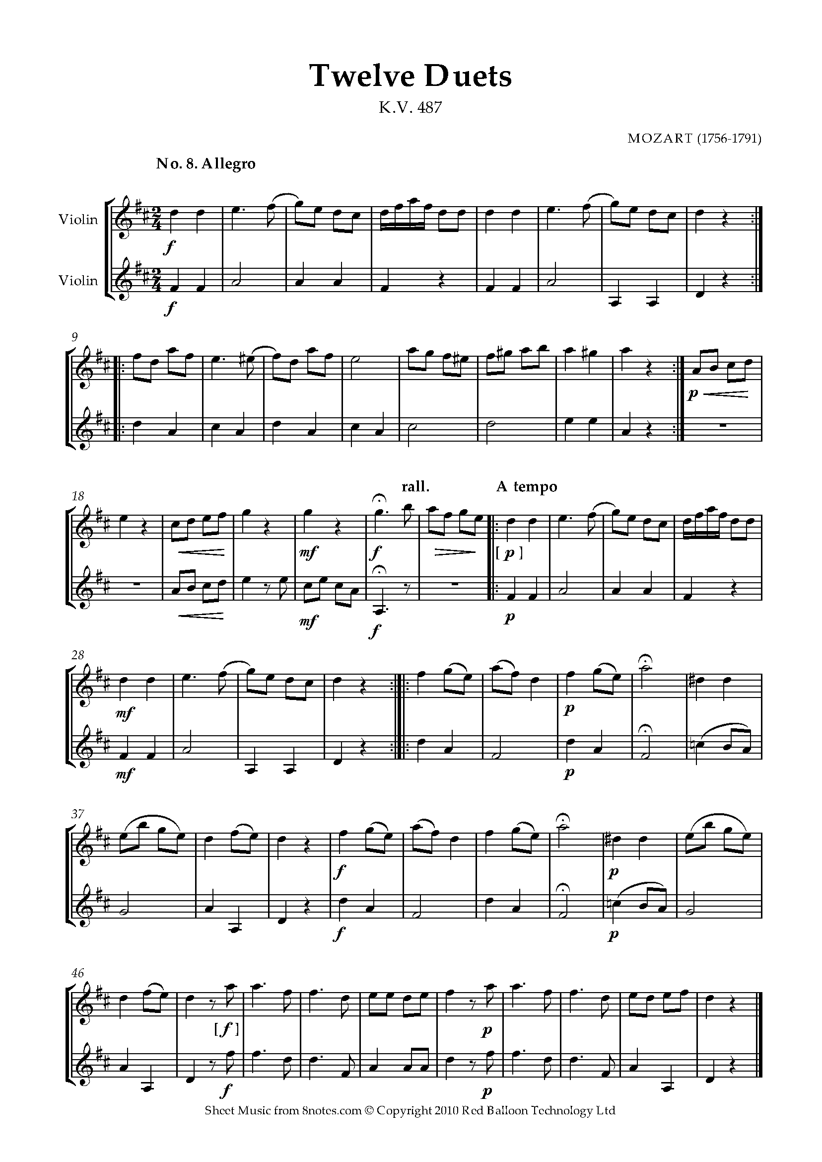 Mozart - Twelve Duets k.487 no.8 Sheet music for Violin Duet - 8notes.com