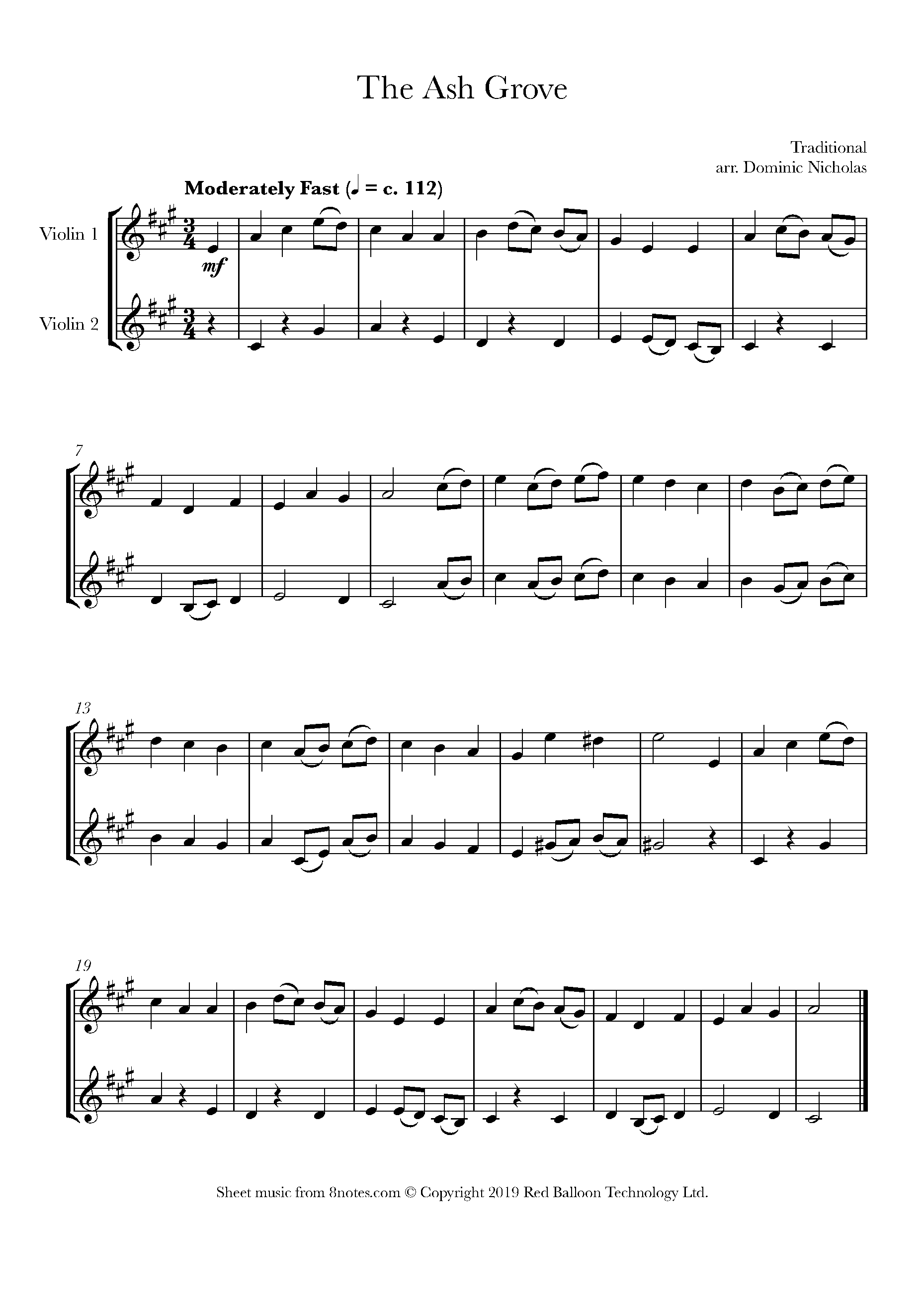 The Ash Grove (Llywn Onn) (Traditional Welsh) Sheet music for Violin ...