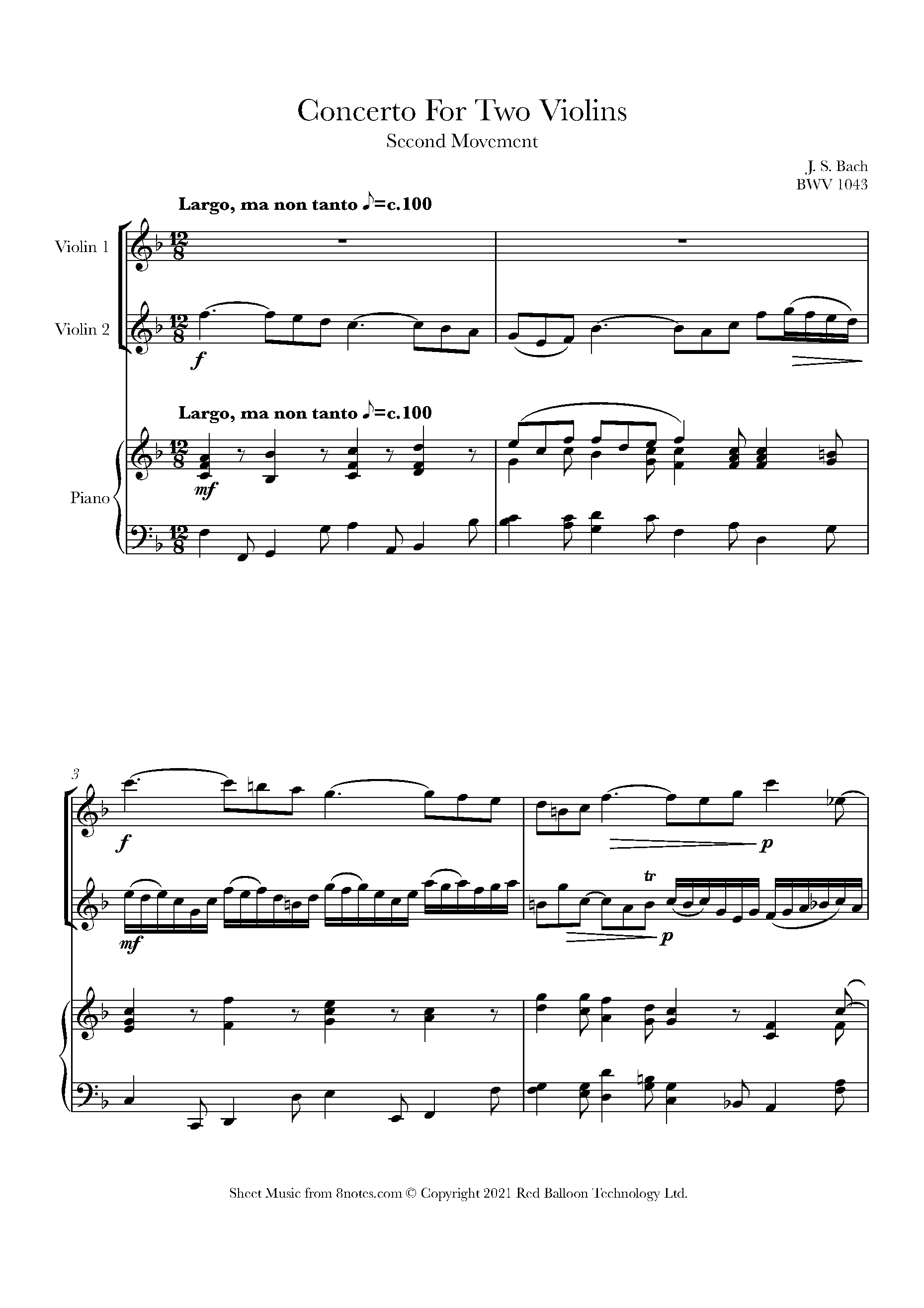 Bach - Concerto for Two Violins BWV 1043 (Slow Movement Complete) Sheet ...