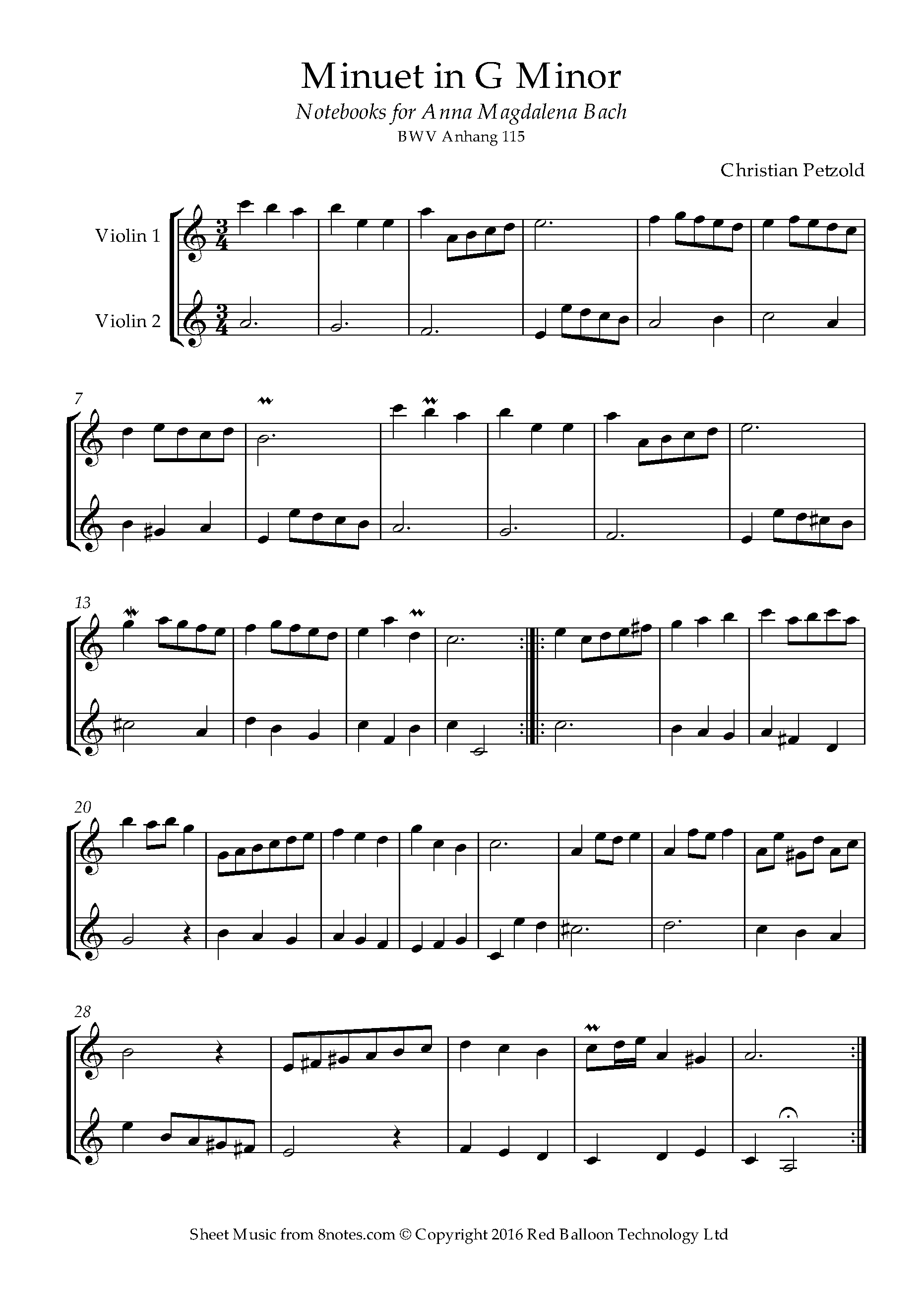 Bach - Minuet in G Minor from Notebook for Anna Magdalena Bach BWV Anh ...