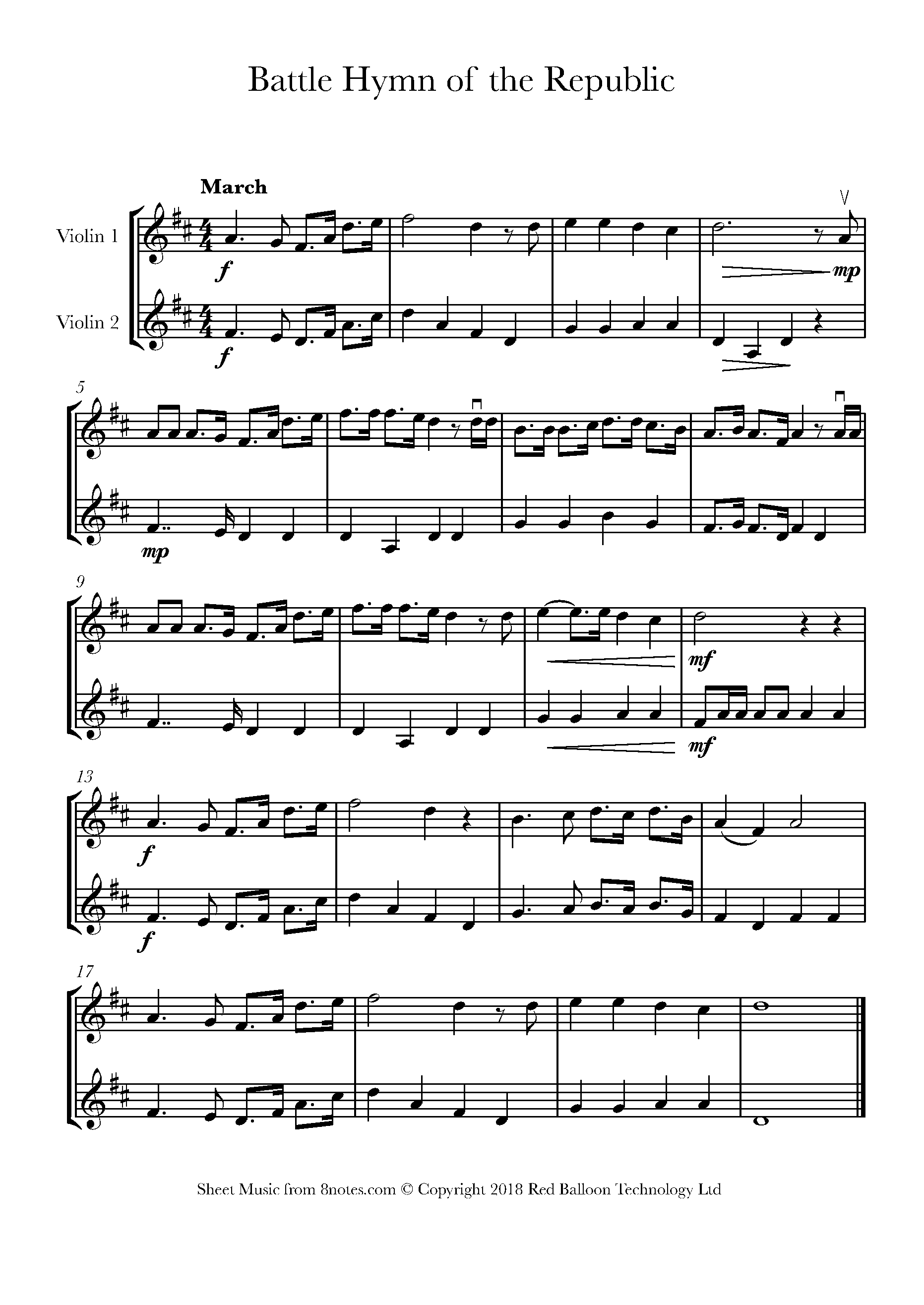 Howe - The Battle Hymn of the Republic Sheet music for Violin Duet ...