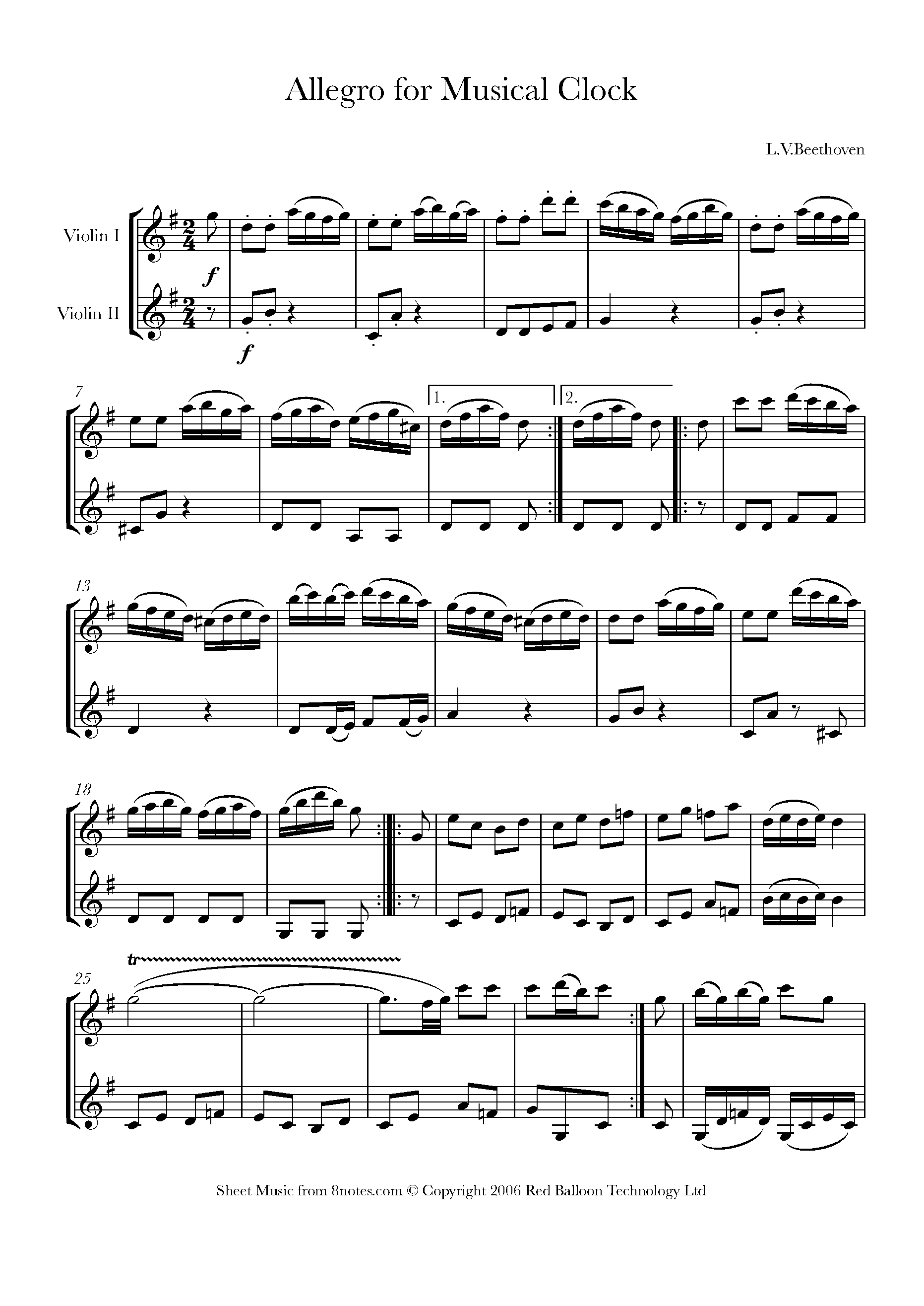 Beethoven - Allegro for a Musical Clock Sheet music for Violin Duet ...