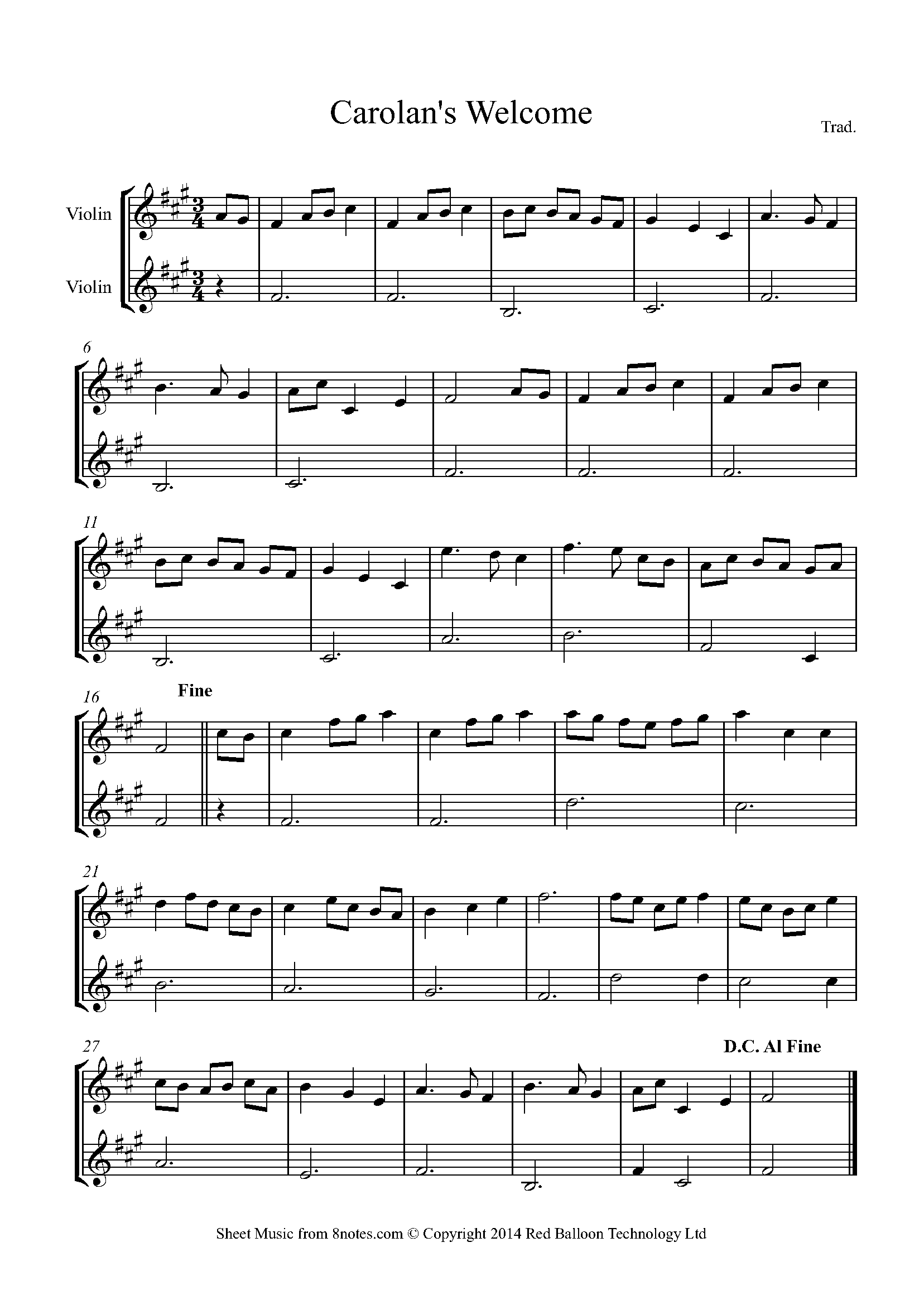Turlough O Carolan - Carolan's Welcome Sheet music for Violin Duet ...