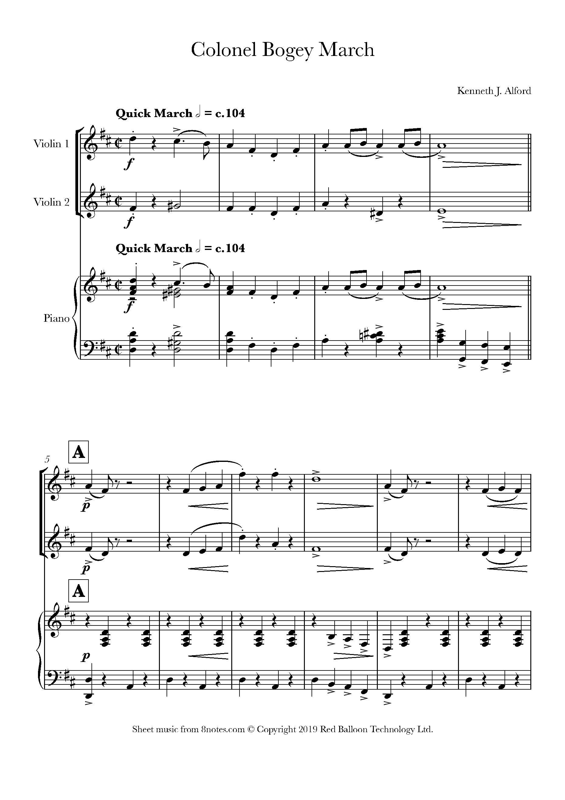 Alford - Colonel Bogey March Sheet music for Violin Duet - 8notes.com