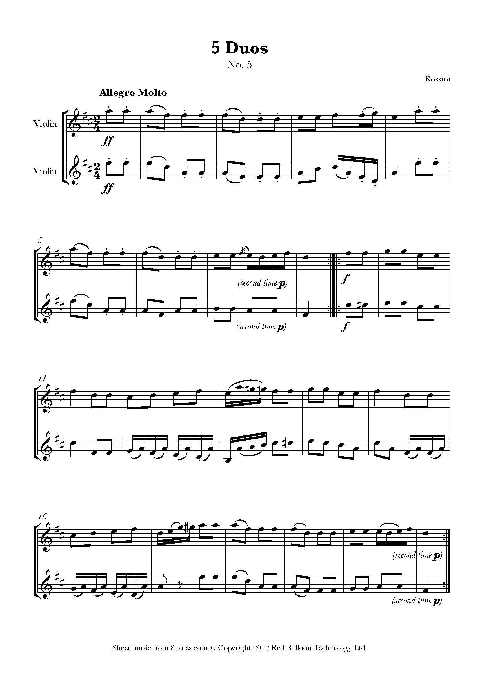 Rossini - 5 Duos No.5 Allegro Molto Sheet music for Violin Duet ...