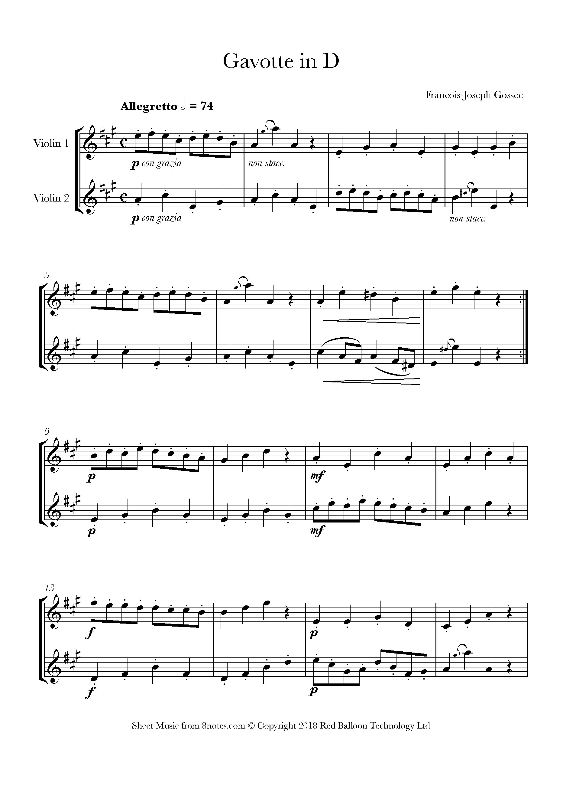 Gossec - Gavotte in D Sheet music for Violin Duet - 8notes.com