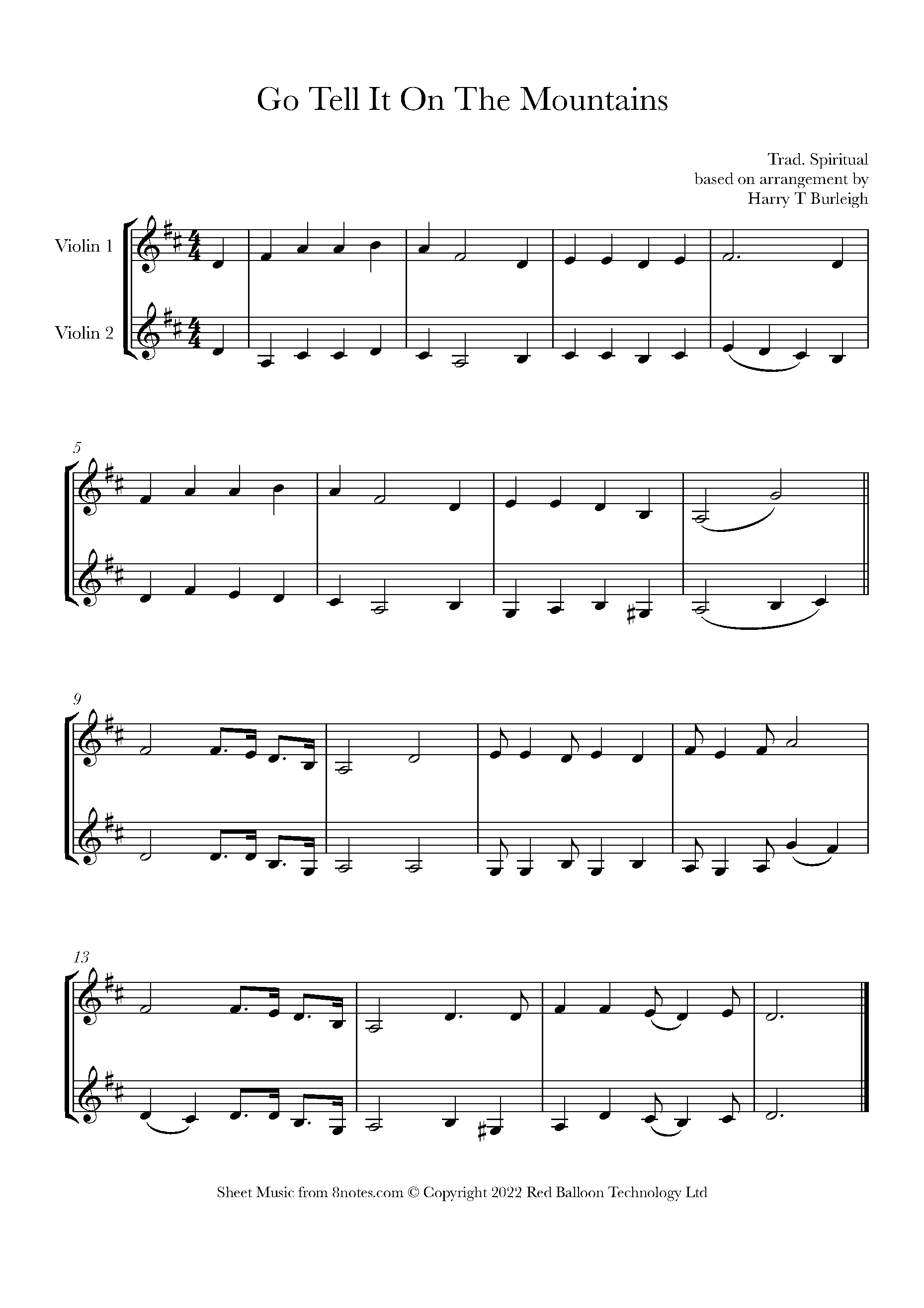Go Tell It On The Mountains Sheet music for Violin Duet - 8notes.com