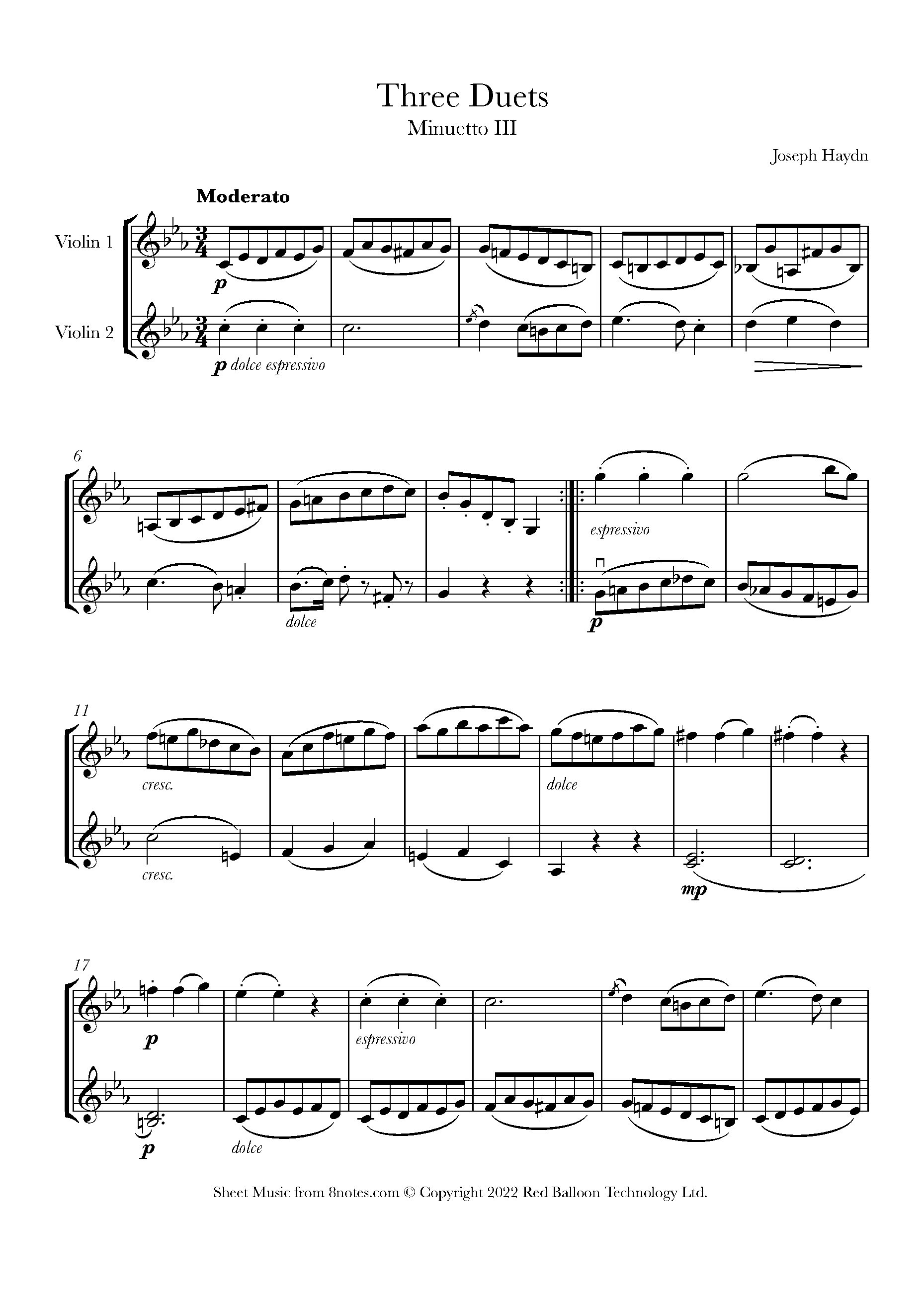 Haydn - Three Duets - Menuetto 3 Sheet music for Violin Duet - 8notes.com