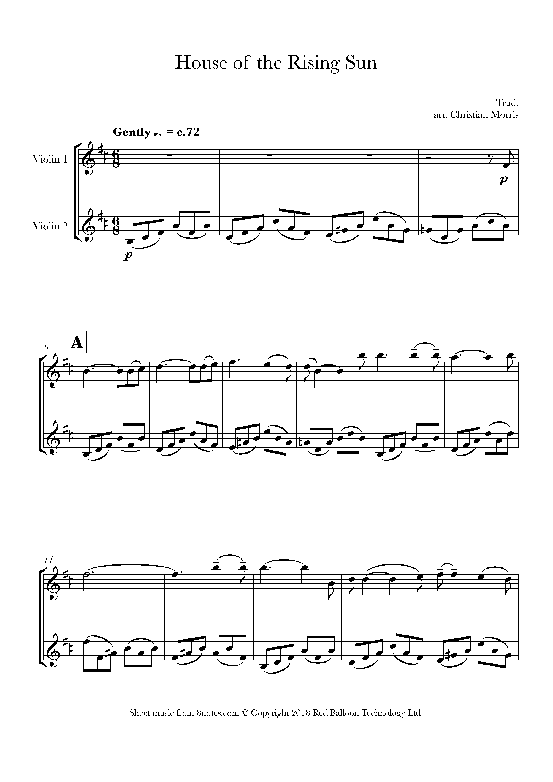 House of the Rising Sun Sheet music for Violin Duet - 8notes.com