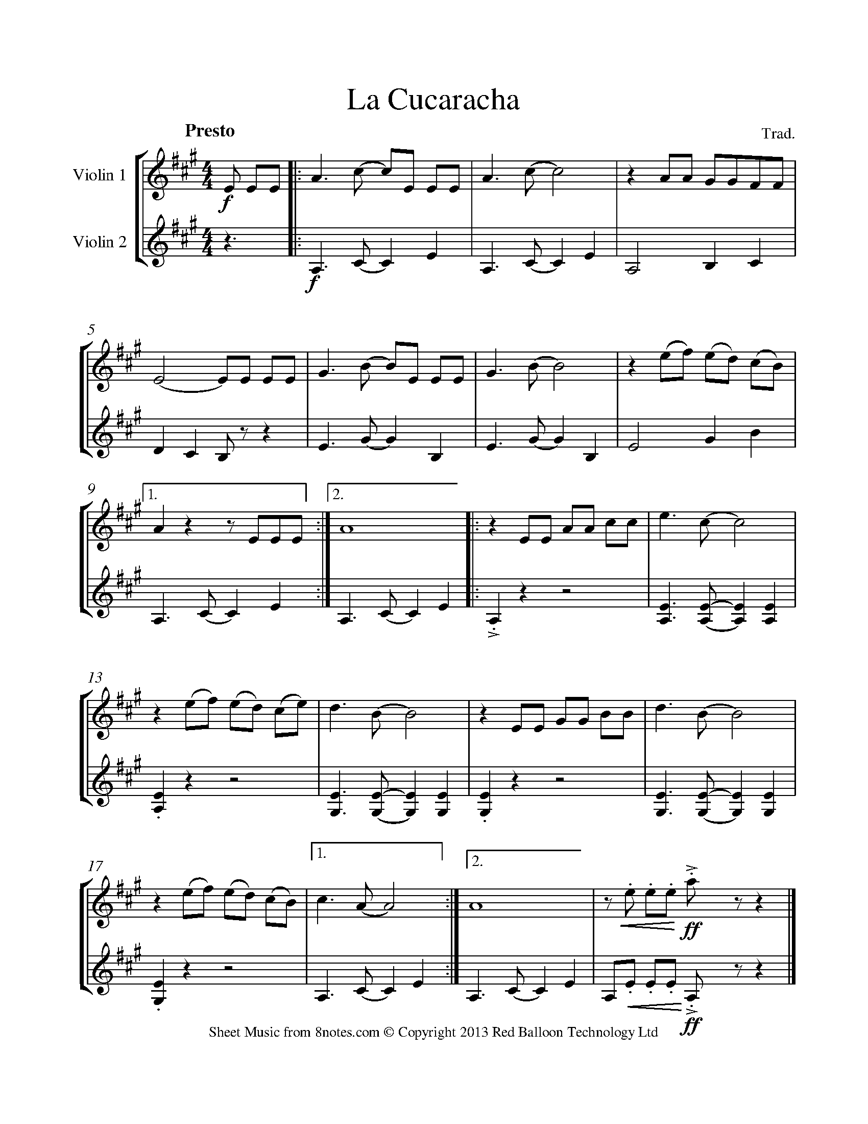 La Cucaracha (Mexico) Sheet music for Violin Duet - 8notes.com