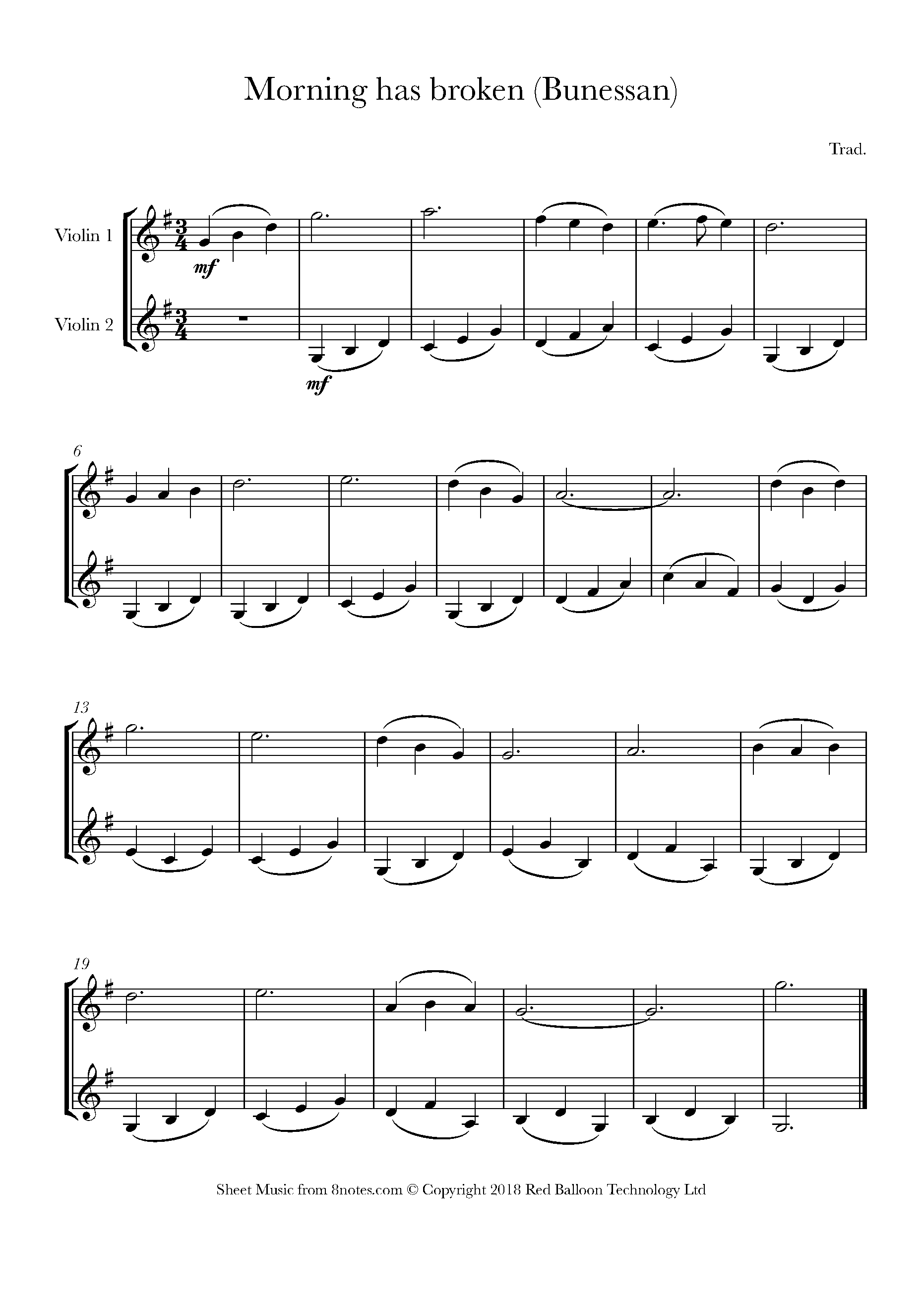 Morning has Broken (Bunessan) Sheet music for Violin Duet - 8notes.com