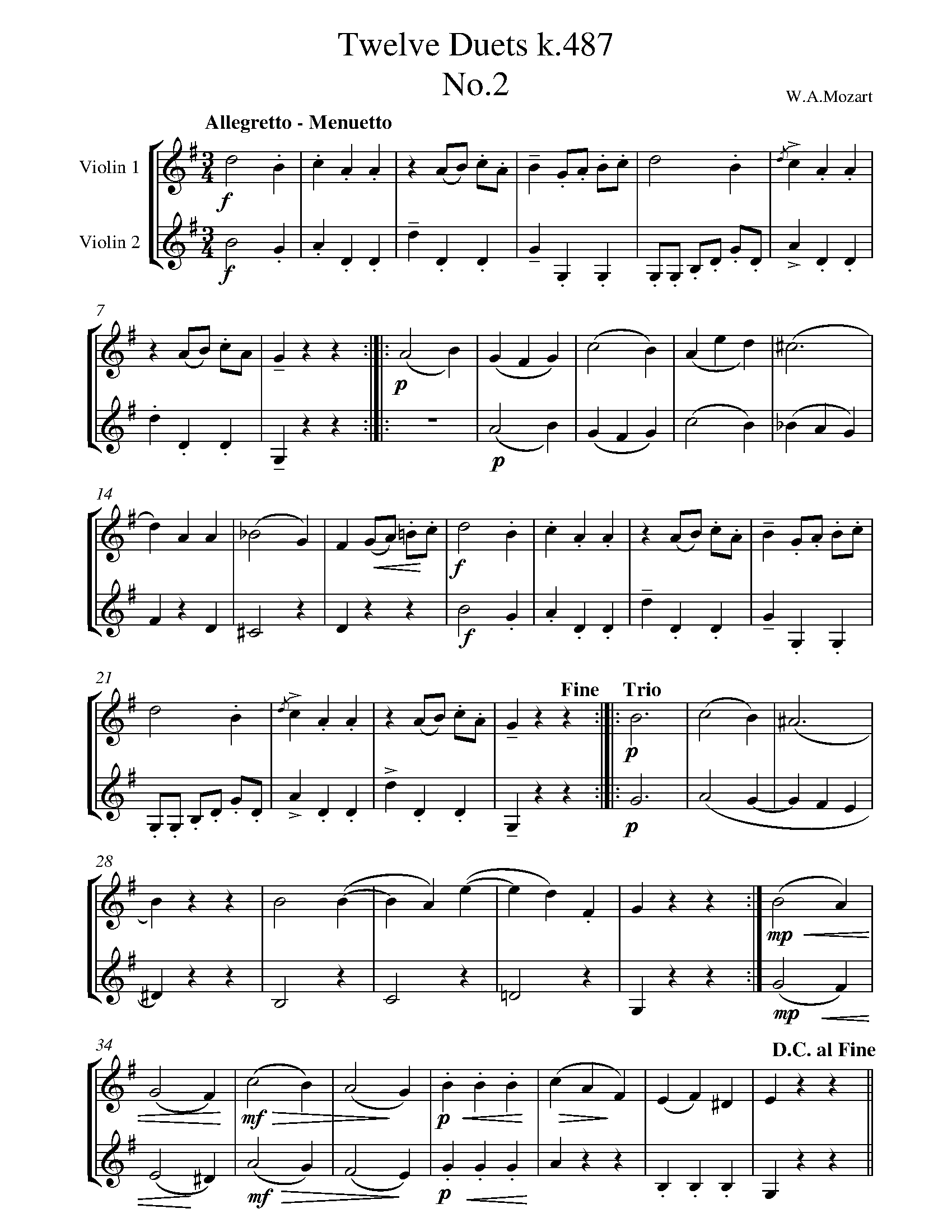 Mozart - Twelve Duets k.487 no.2 Sheet music for Violin Duet - 8notes.com