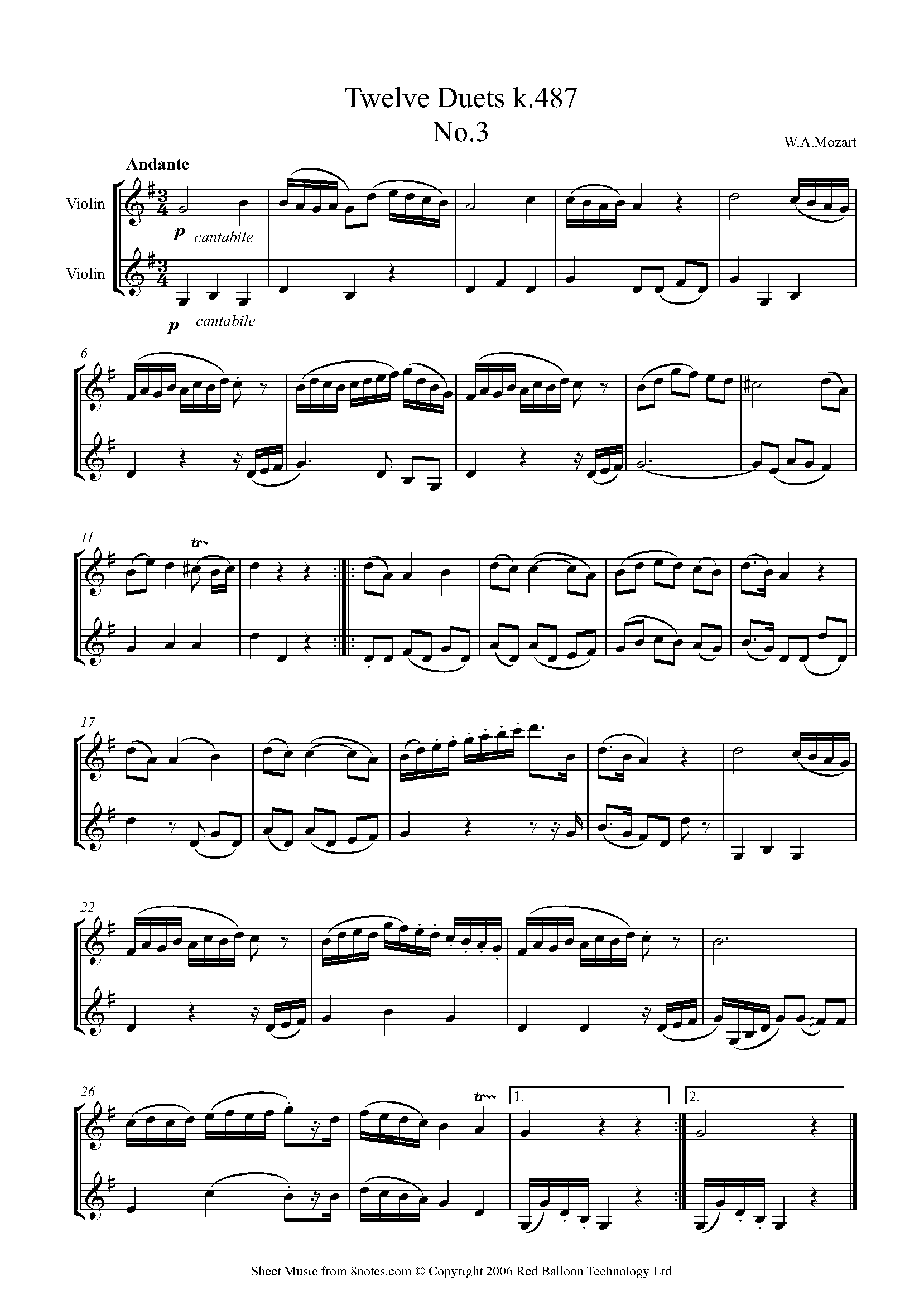 Mozart - Twelve Duets k.487 no.3 Sheet music for Violin Duet - 8notes.com