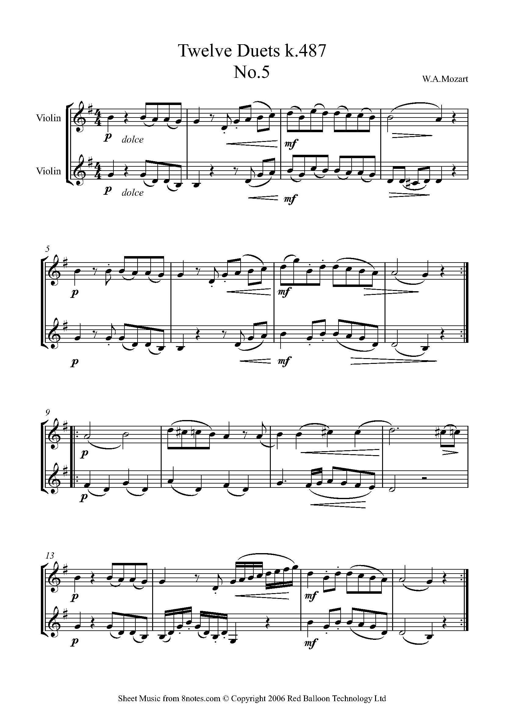 Mozart - Twelve Duets k.487 No.5 Sheet music for Violin Duet - 8notes.com