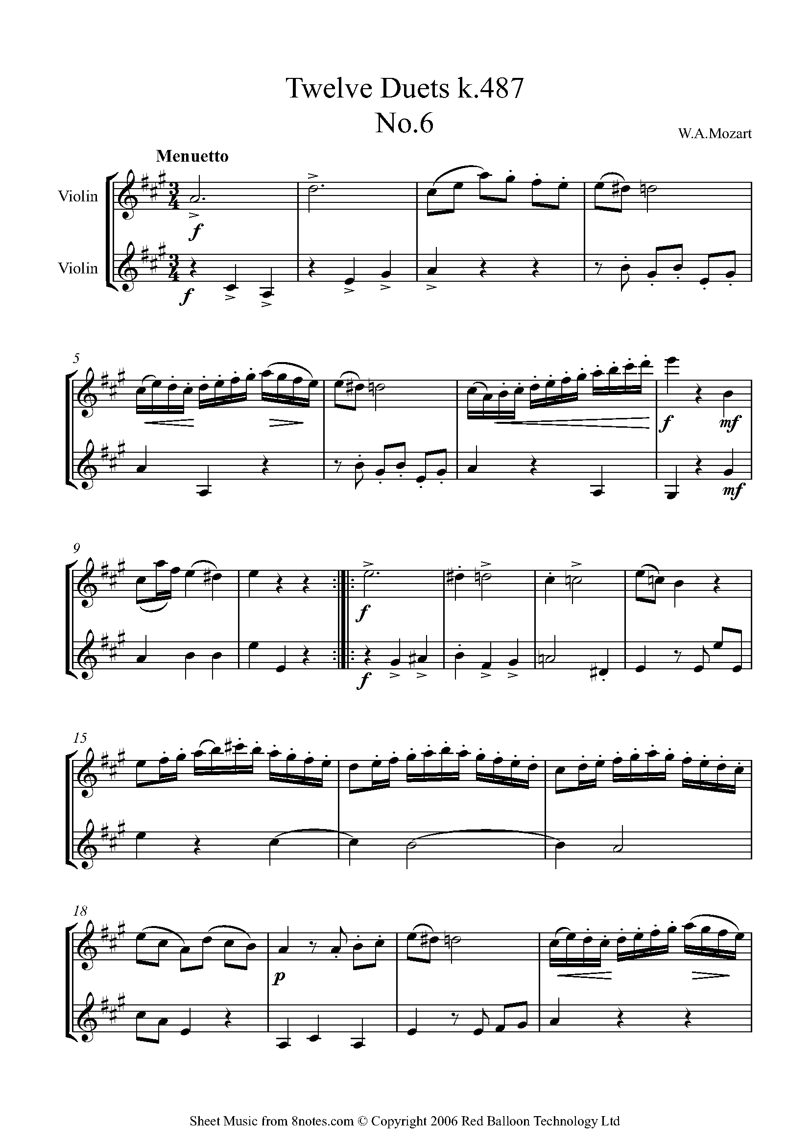 Mozart - Twelve Duets k.487 No.6 Sheet music for Violin Duet - 8notes.com