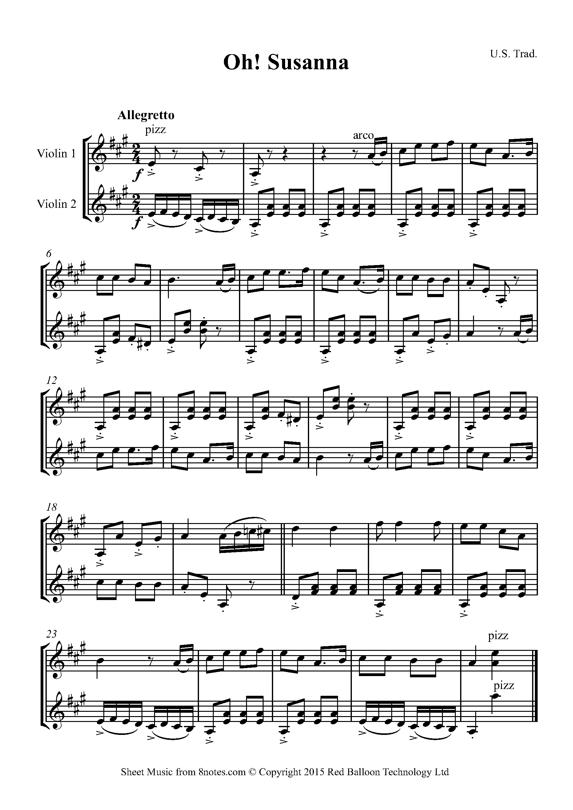 Stephen Foster - Oh Susanna Sheet music for Violin Duet - 8notes.com