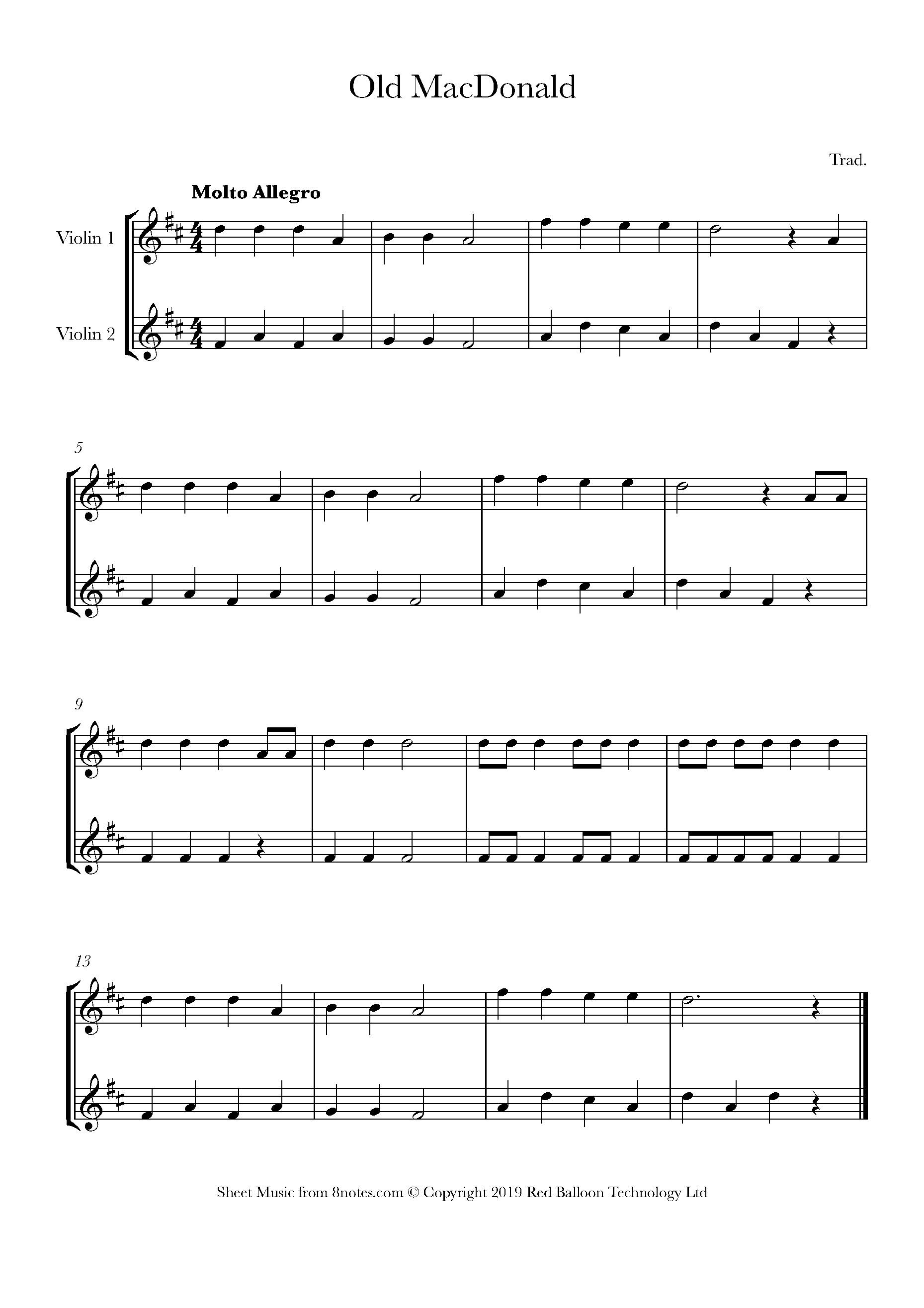 Old MacDonald Sheet music for Violin Duet - 8notes.com