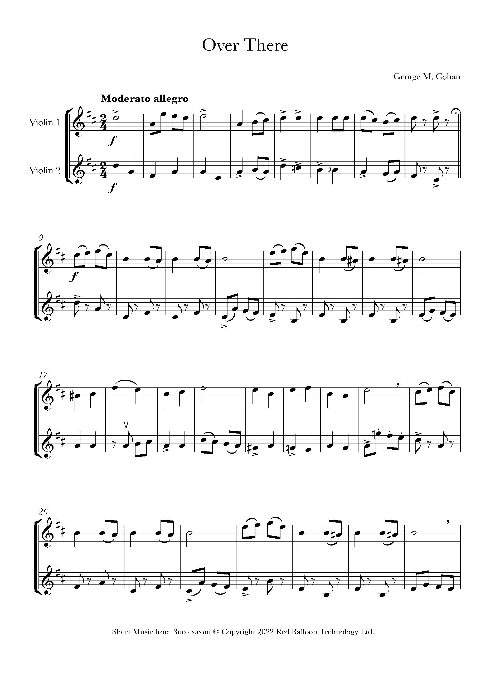 Cohan - Over There Sheet music for Violin Duet - 8notes.com