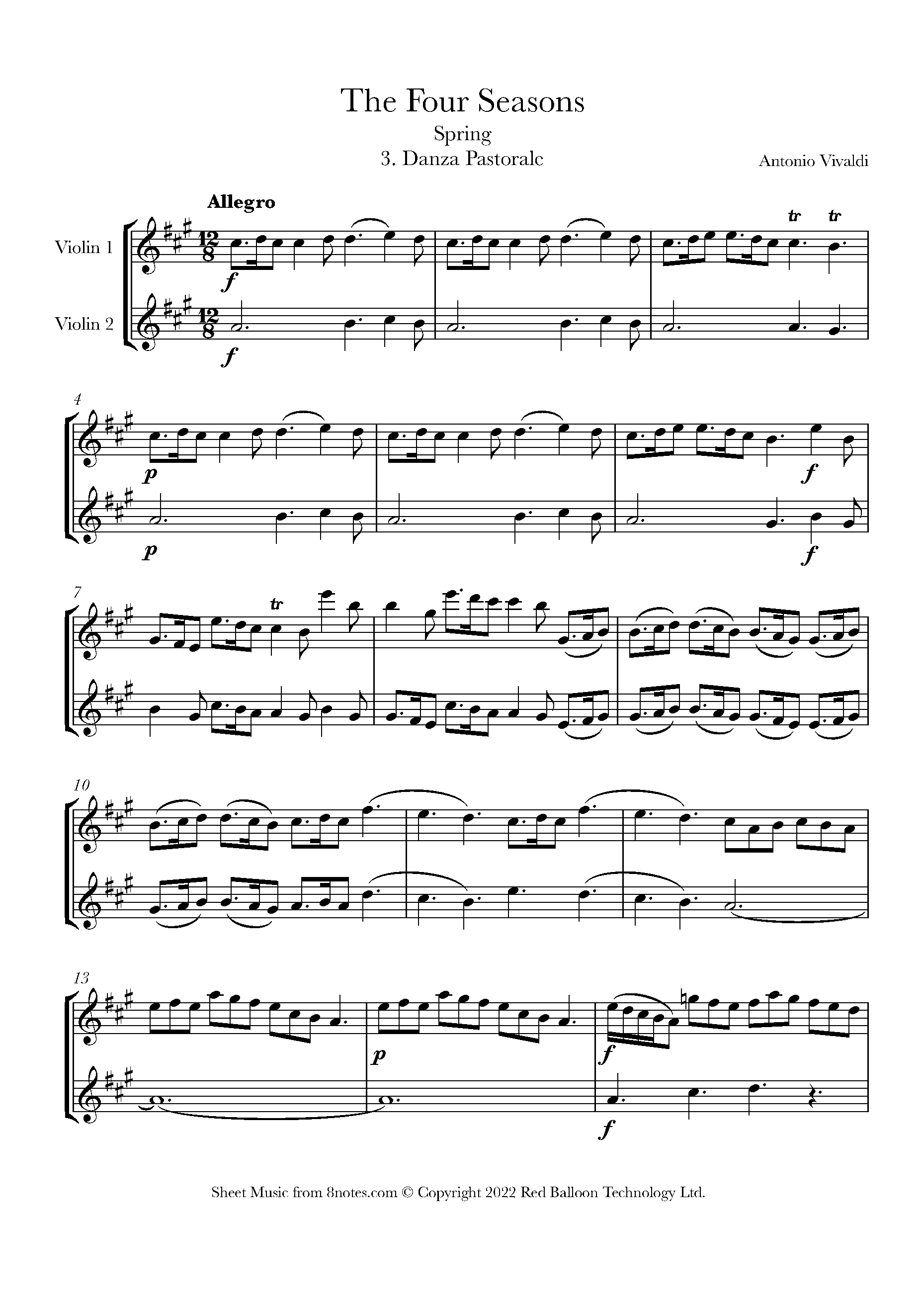 Vivaldi - Spring from the Four Seasons, 3. Danza Pastorale Sheet music ...