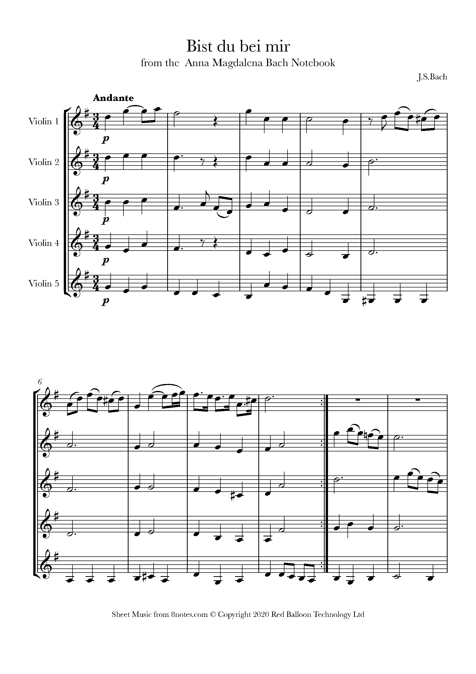 Bach - Bist du Bei Mir Sheet music for Violin Ensemble - 8notes.com