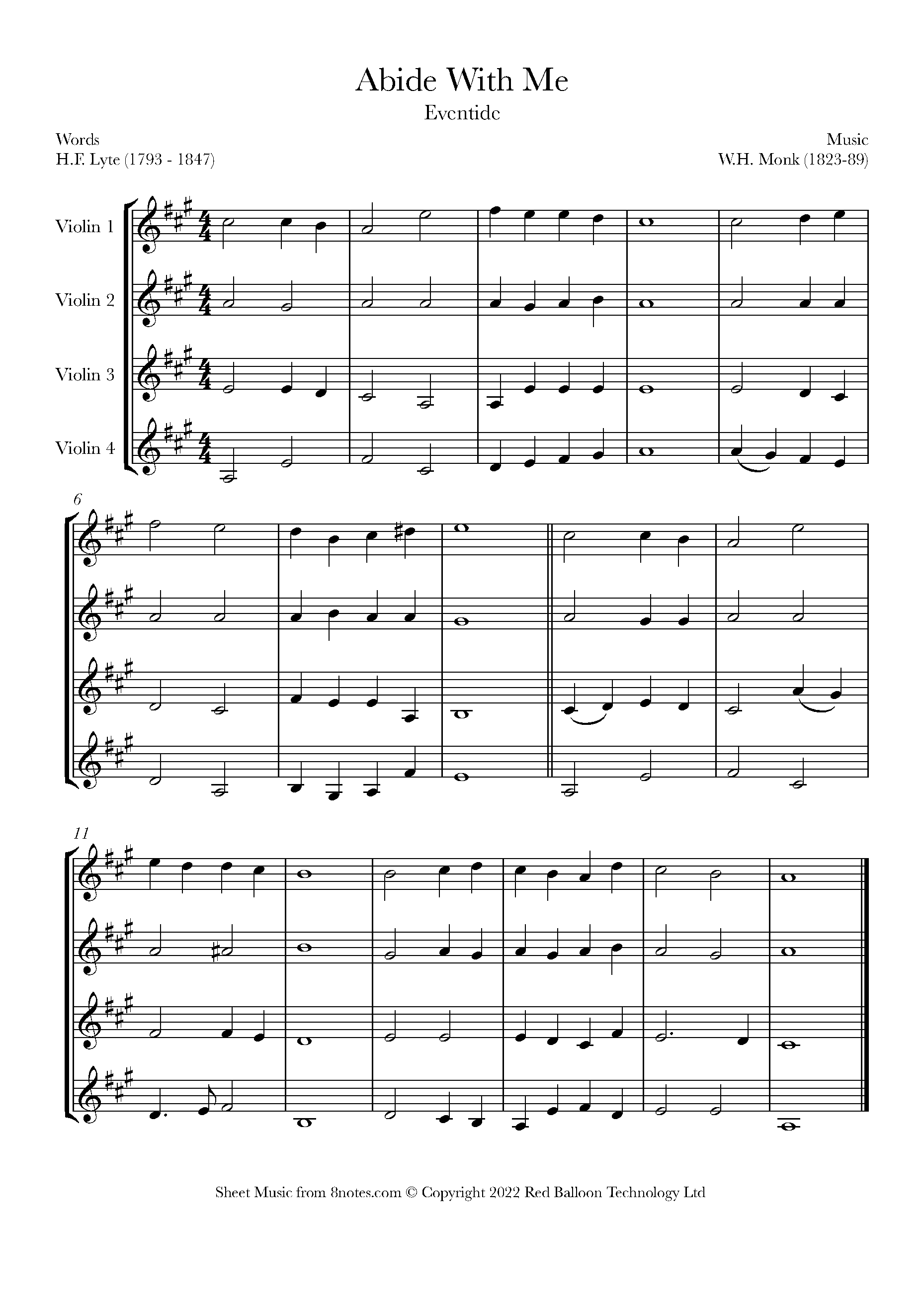 Monk - Abide With Me (Eventide) Sheet music for Violin Quartet - 8notes.com
