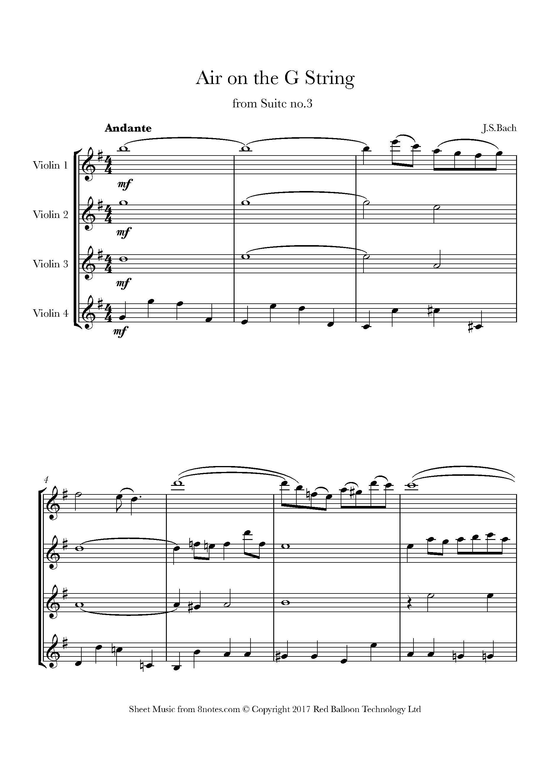 Bach - Air on a G String Sheet music for Violin Quartet - 8notes.com