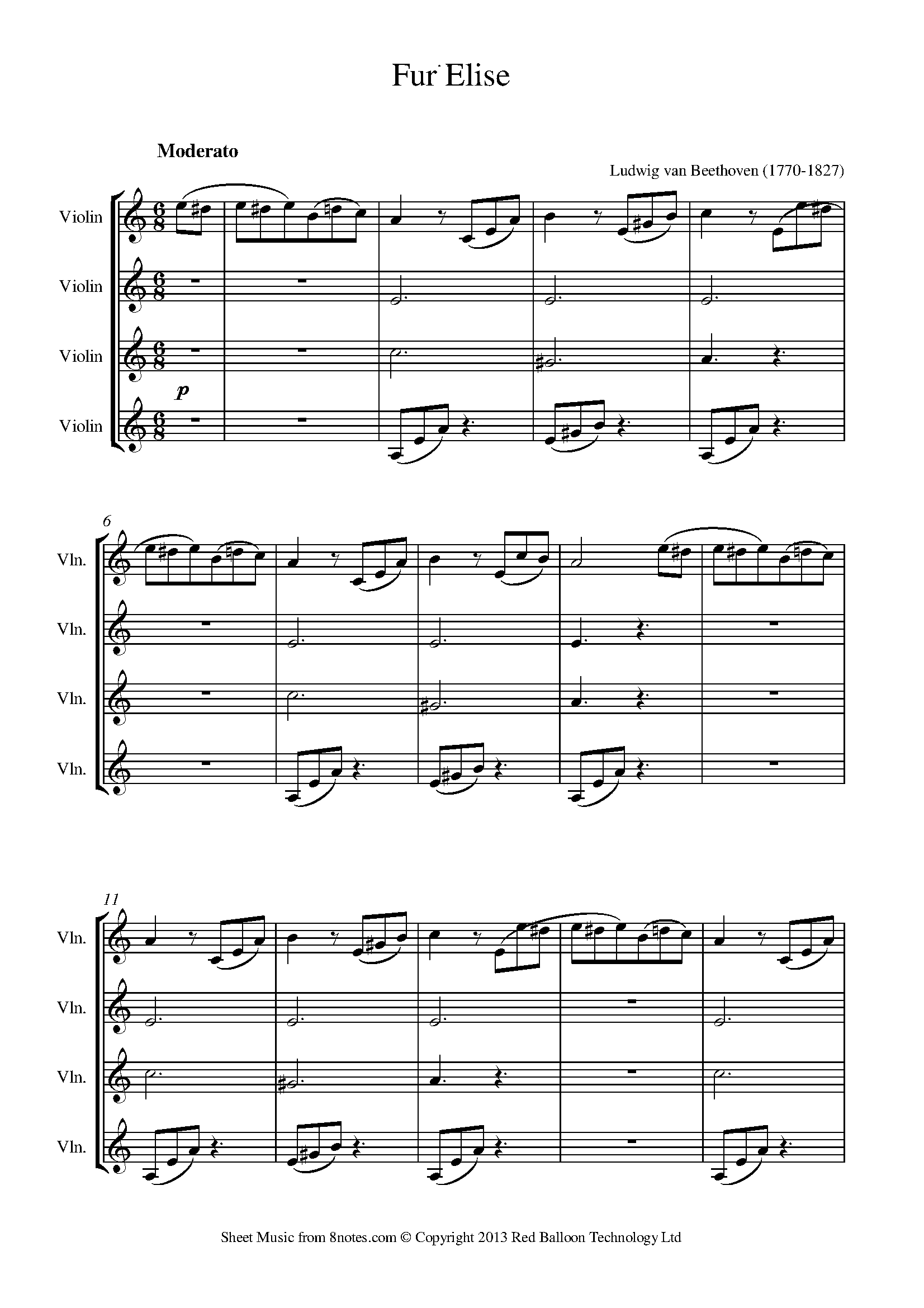Beethoven - Fur Elise Sheet music for Violin Quartet - 8notes.com