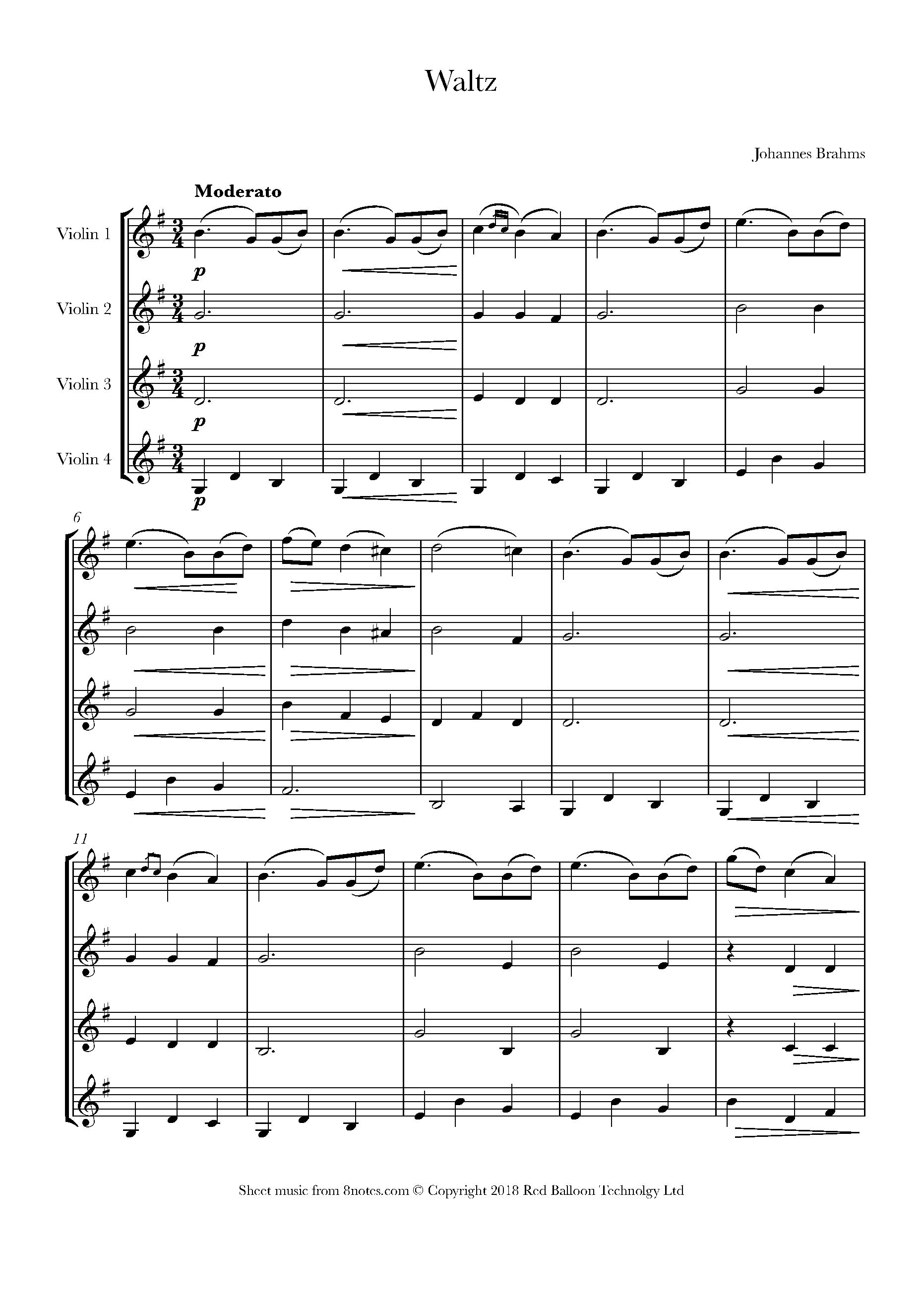 Brahms - Waltz Sheet music for Violin Quartet - 8notes.com