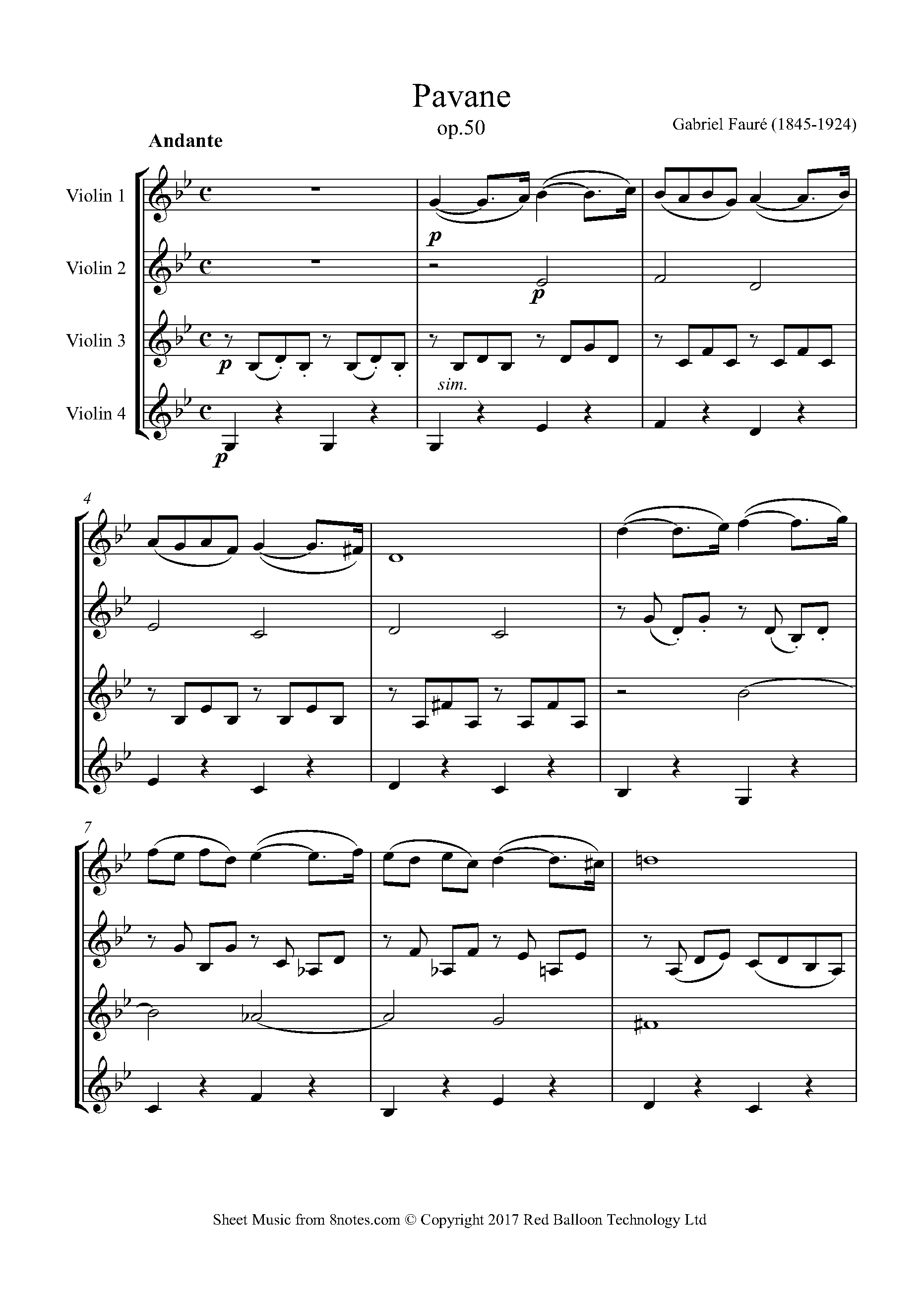 Fauré - Pavane Sheet music for Violin Quartet - 8notes.com