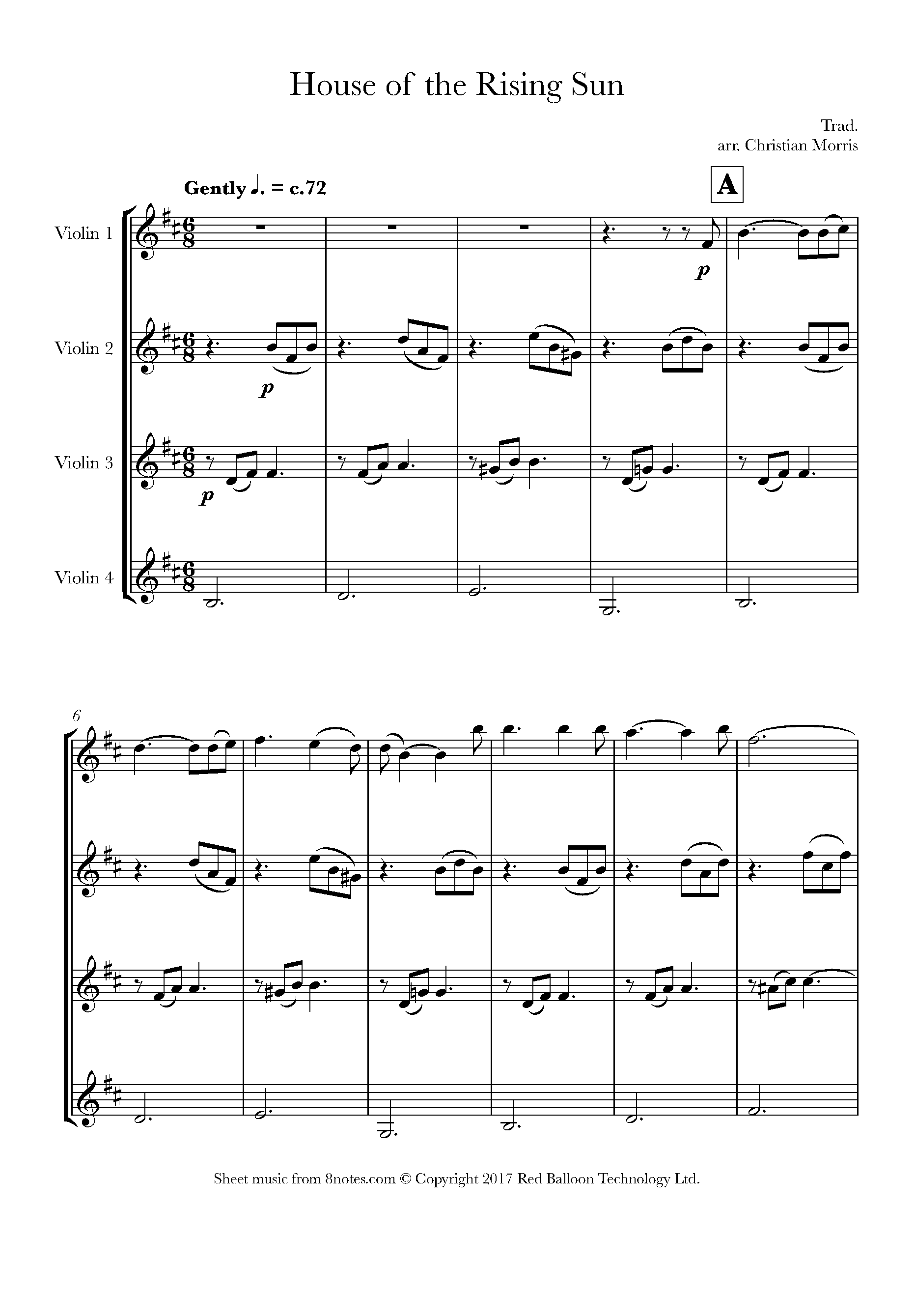 House of the Rising Sun Sheet music for Violin Quartet - 8notes.com